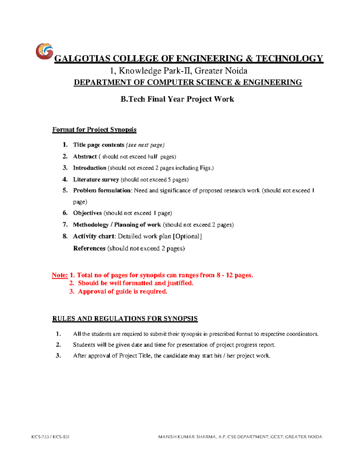 1 Synopsis format - GALGOTIAS COLLEGE OF ENGINEERING & TECHNOLOGY 1 ...