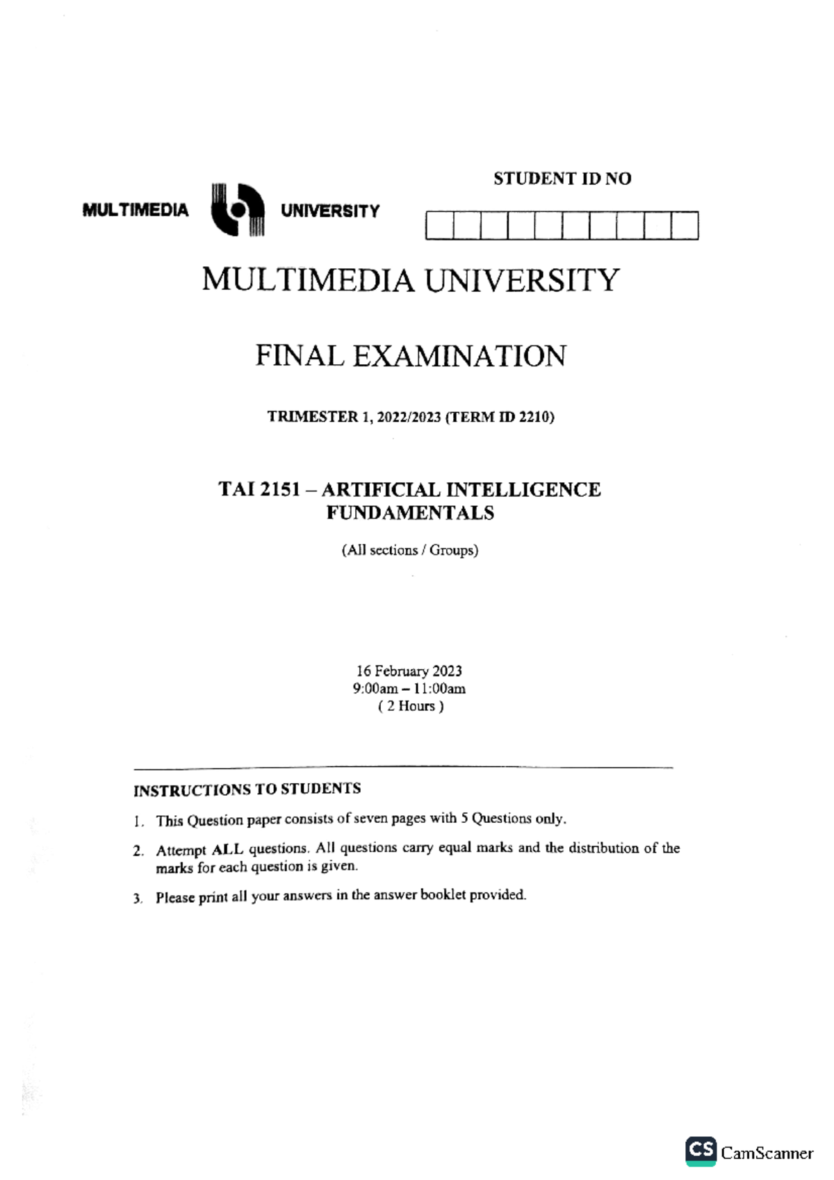 TAI2151-Final Exam-Term 2210 - Artificial Intelligence Fundamentals - Studocu