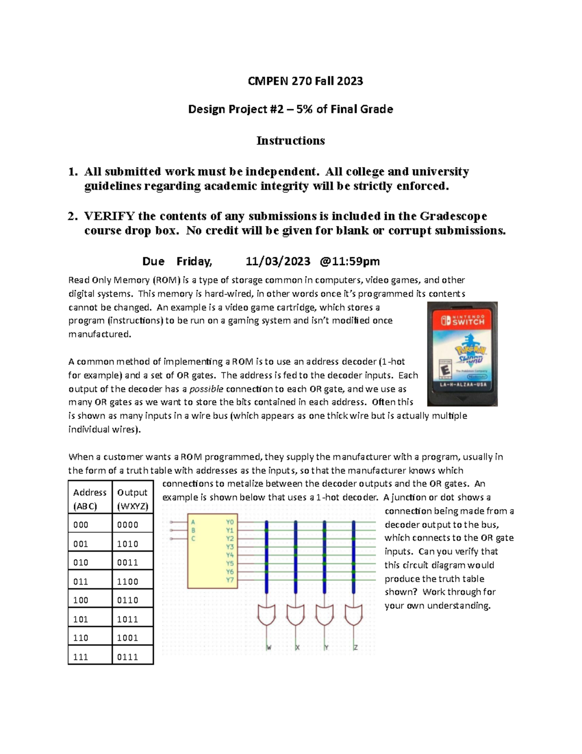Design Project 2 FA2023 - CMPEN 270 Fall 2023 Design Project #2 – 5% of Final Grade Instructions ...