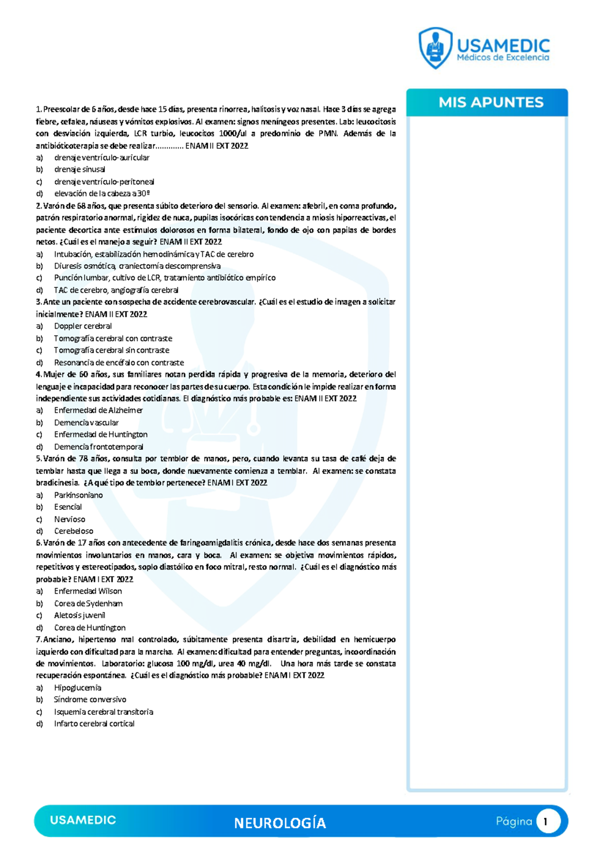 Banqueo DE Neurologia ENAM- Internado Anual Usamedic 2023 Alumno - 1 de 6 años, desde hace 15 ...