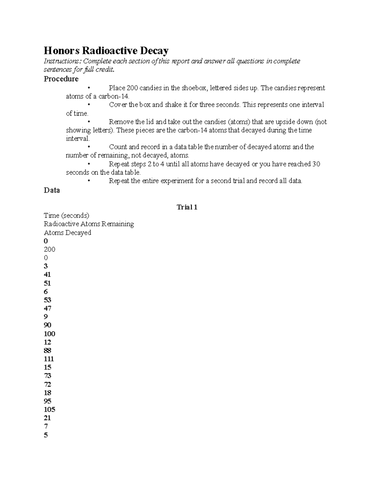 Honors radioactive decay worksheet - Honors Radioactive Decay Instructions: Complete each ...