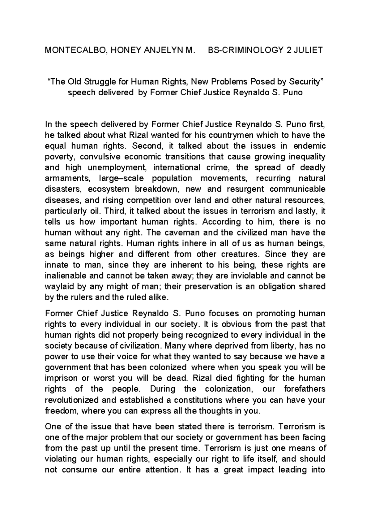 CLJ 2 Reaction Paper - Bill of rights - MONTECALBO, HONEY ANJELYN M. BS-CRIMINOLOGY 2 JULIET ...