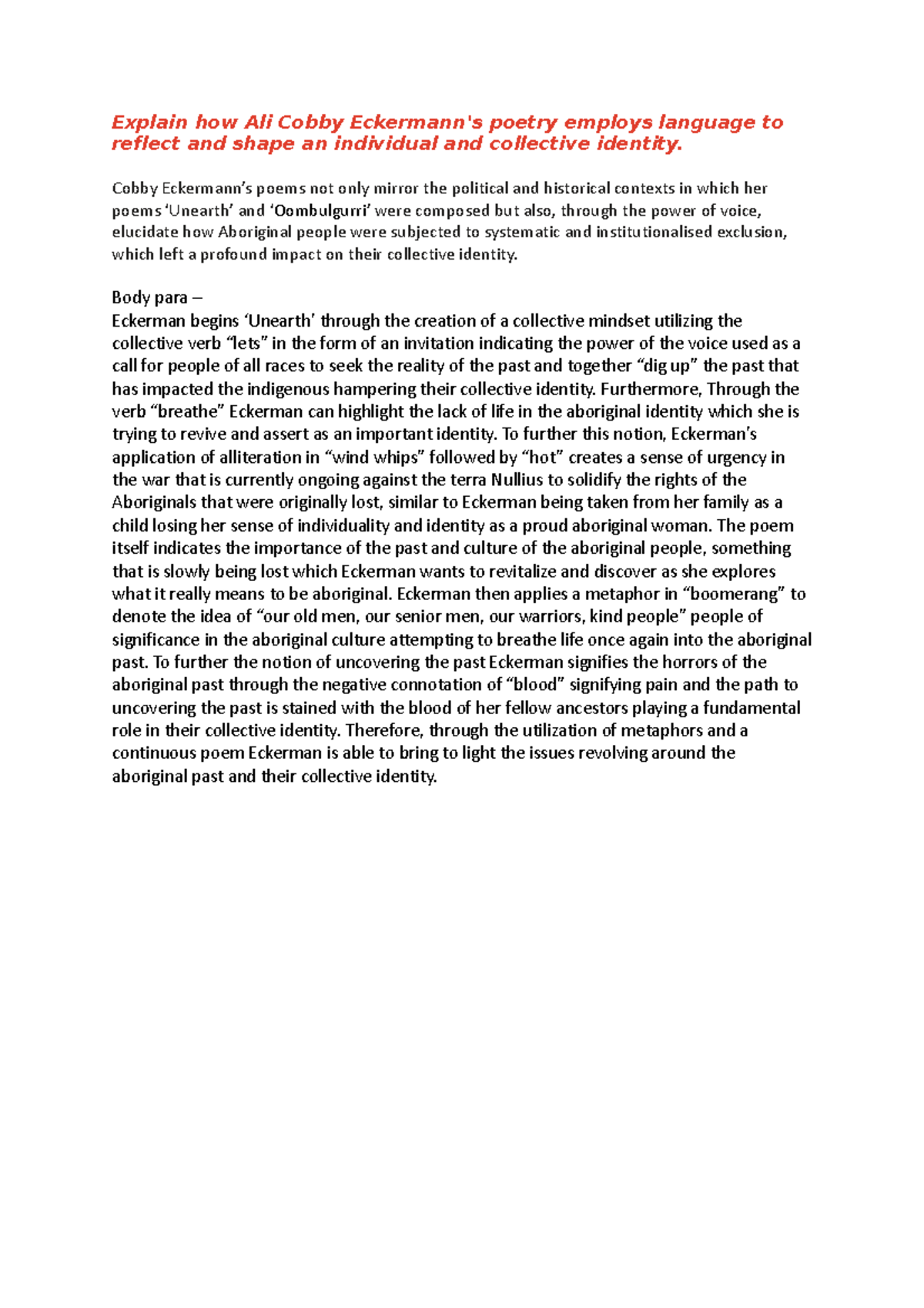 ali coby eckerman - Explain how Ali Cobby Eckermann's poetry employs language to reflect and ...