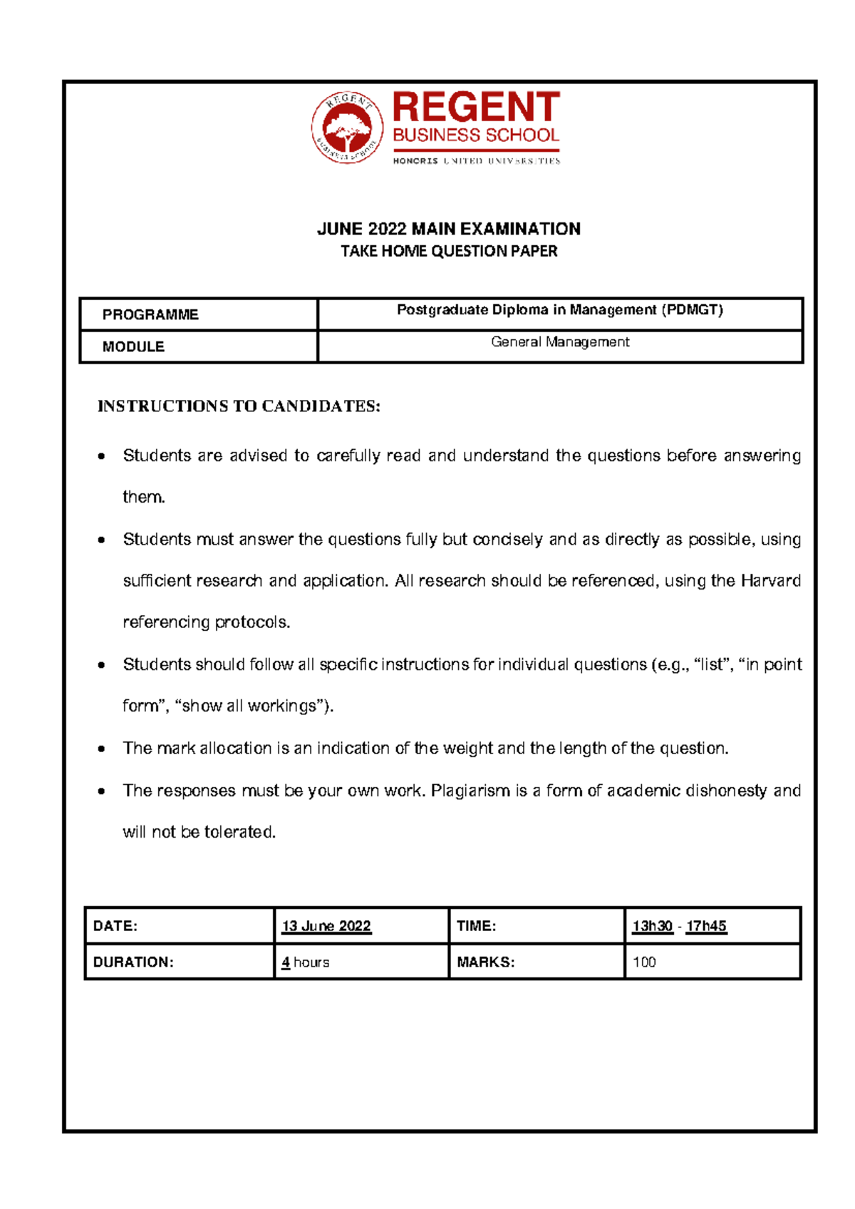 Pdmgt General Management Jun 22 - JUNE 2022 MAIN EXAMINATION TAKE HOME ...