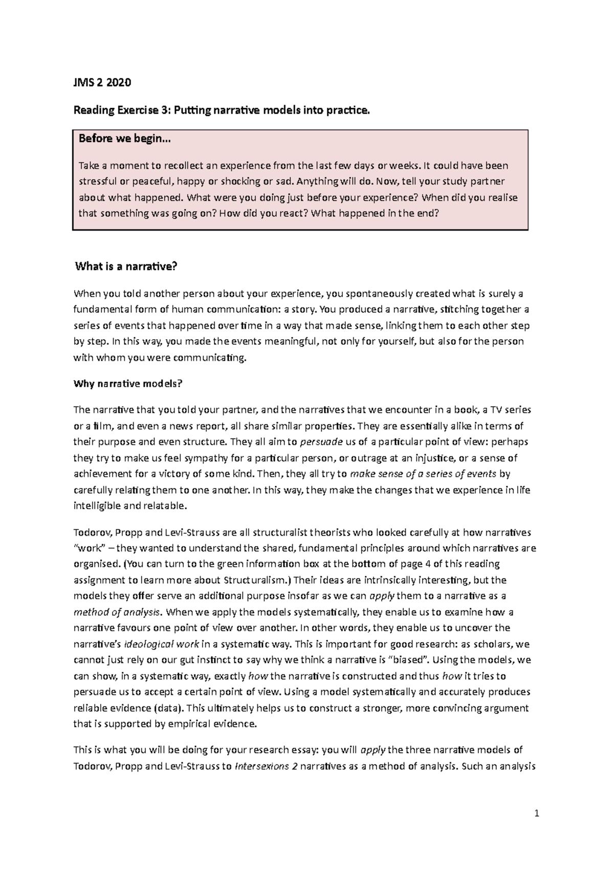 JMS 2 2020 Reading exercise 4 Narrative - JMS 2 2020 Reading Exercise 3 ...
