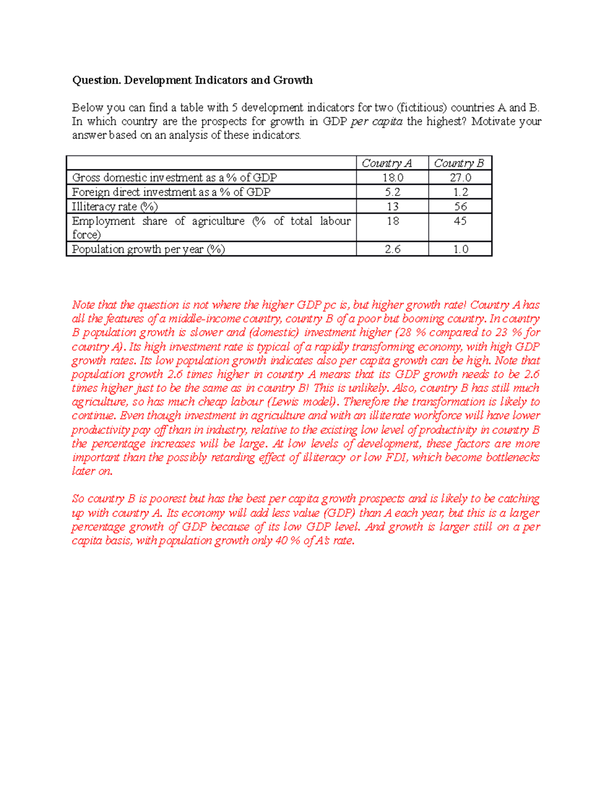 Example exam questions - Question. Development Indicators and Growth ...