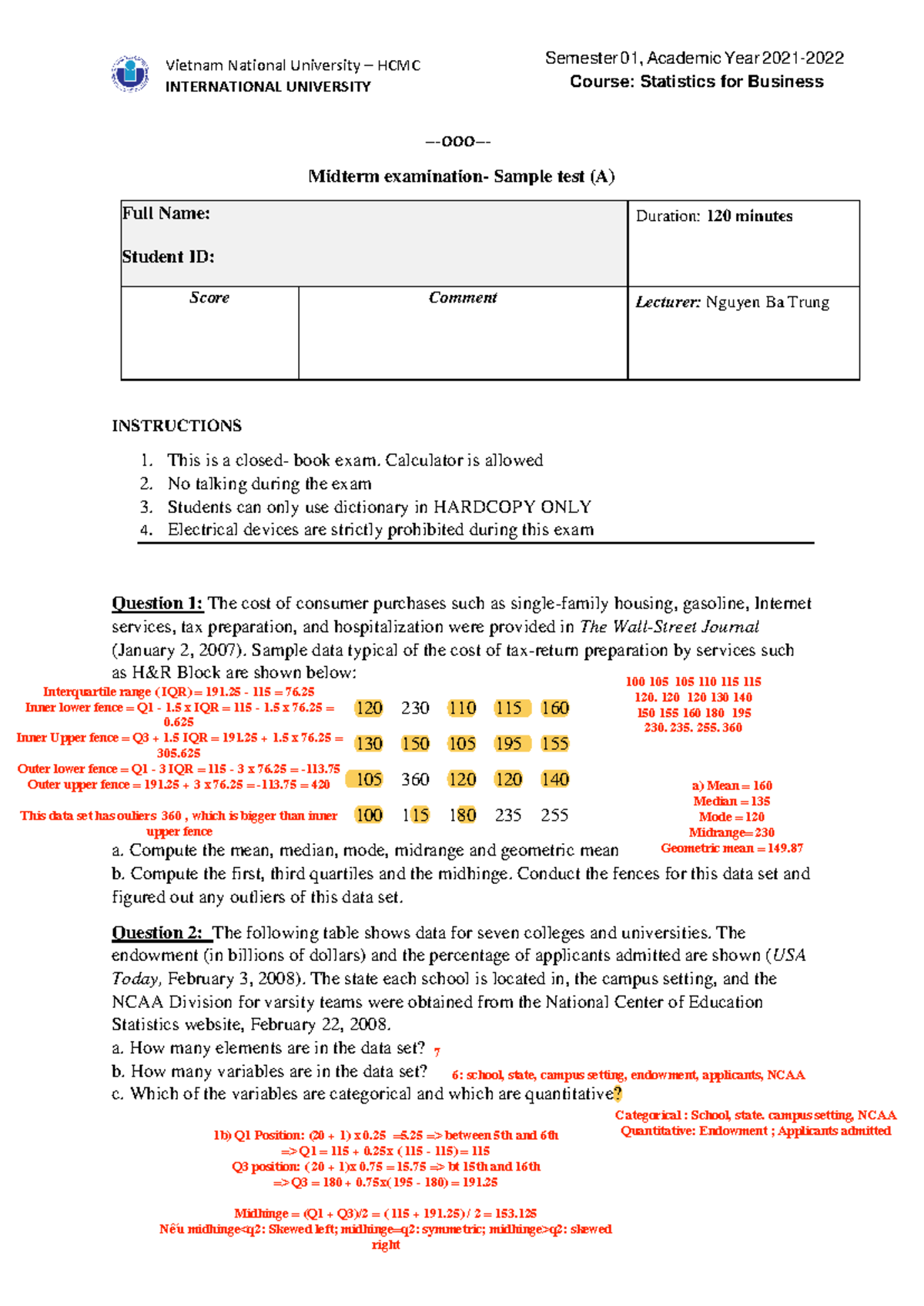 Revision of Midterm- Sample test (index 1) - Semester 01 , Academic ...