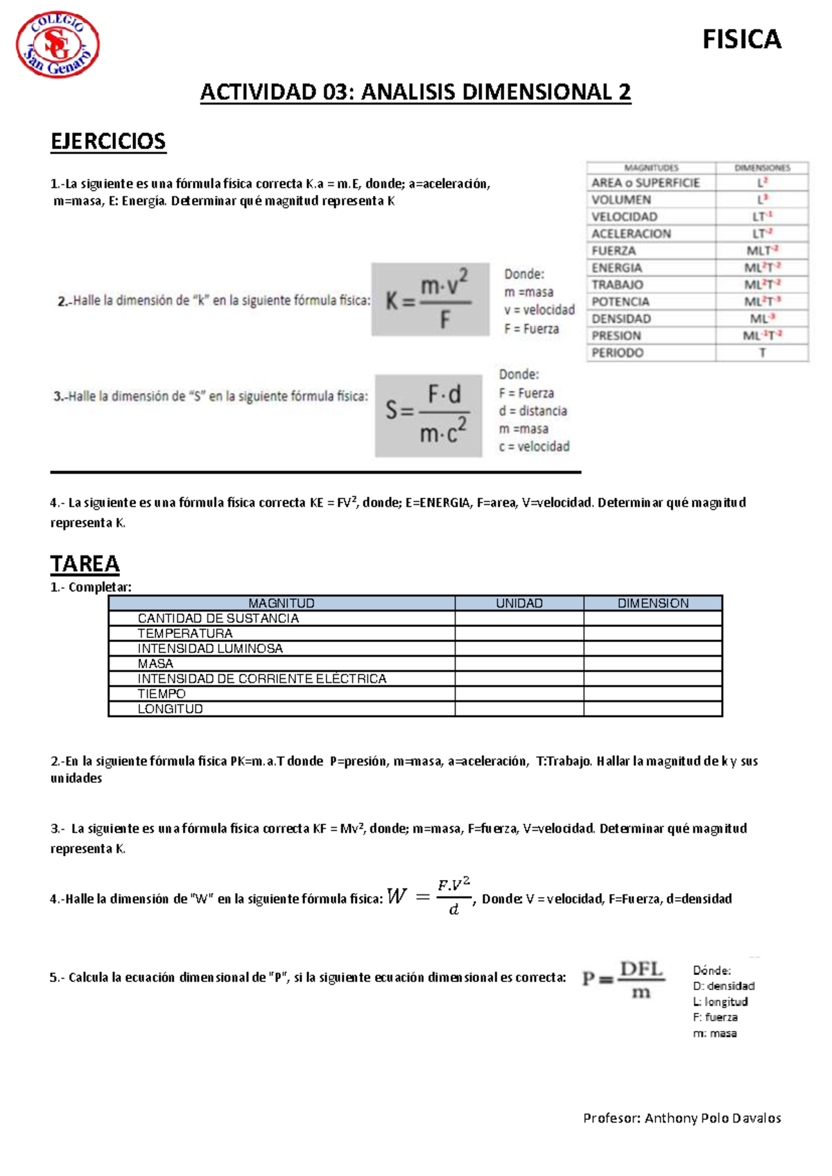 Tarea Analisis Dimensional 2 (4SEC) - FISICA Profesor: Anthony Polo ...