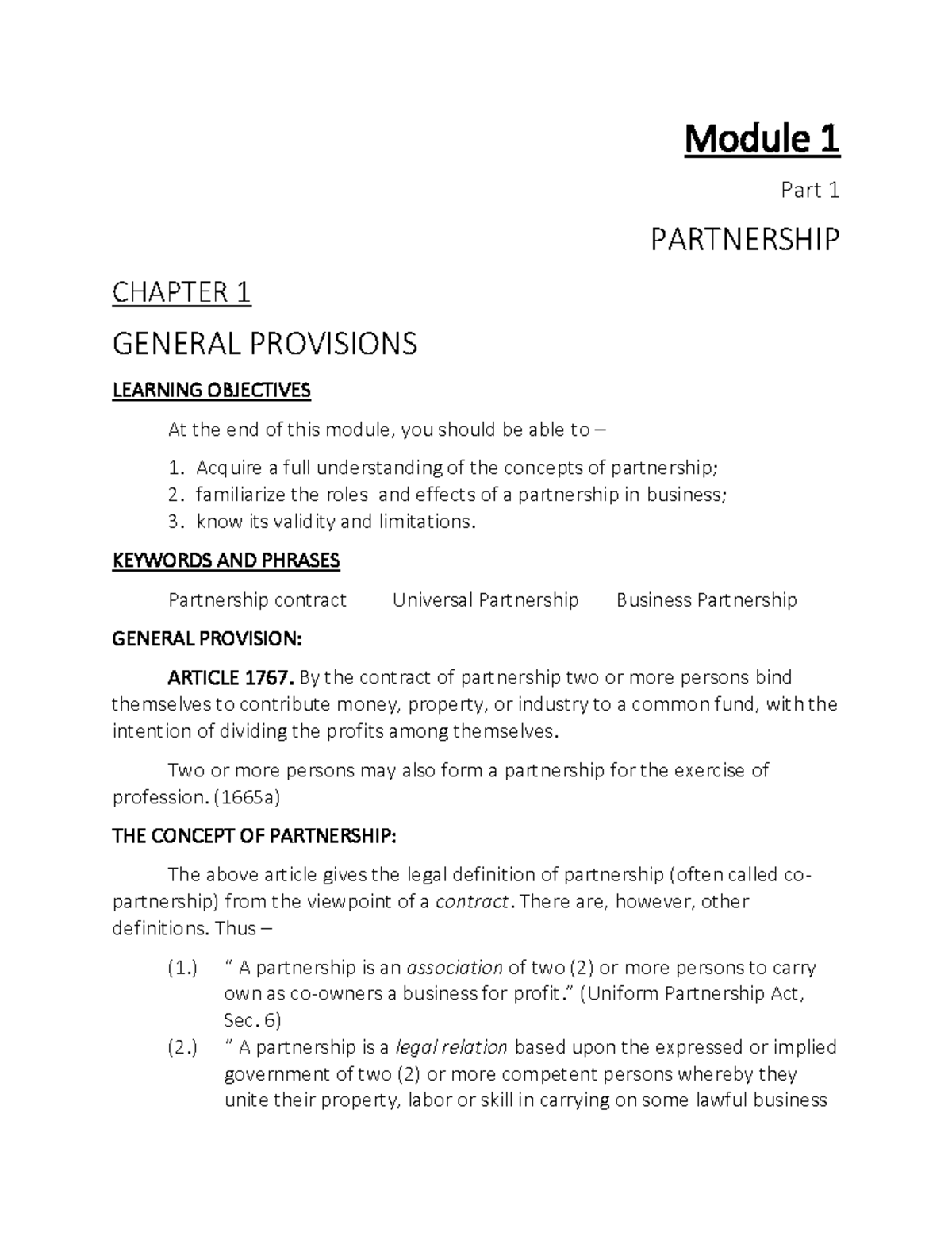 Module-Partnership-1 - Module 1 Part 1 PARTNERSHIP CHAPTER 1 GENERAL ...