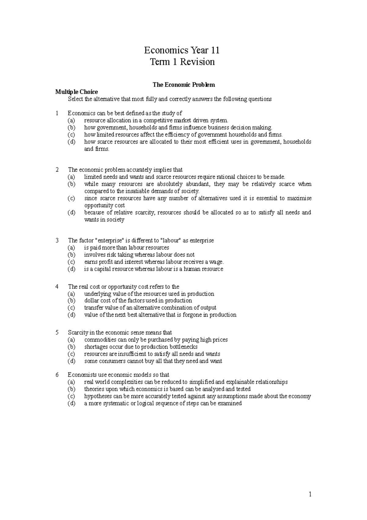 Economics year 11 2019 revision-2 - Economics Year 11 Term 1 Revision ...