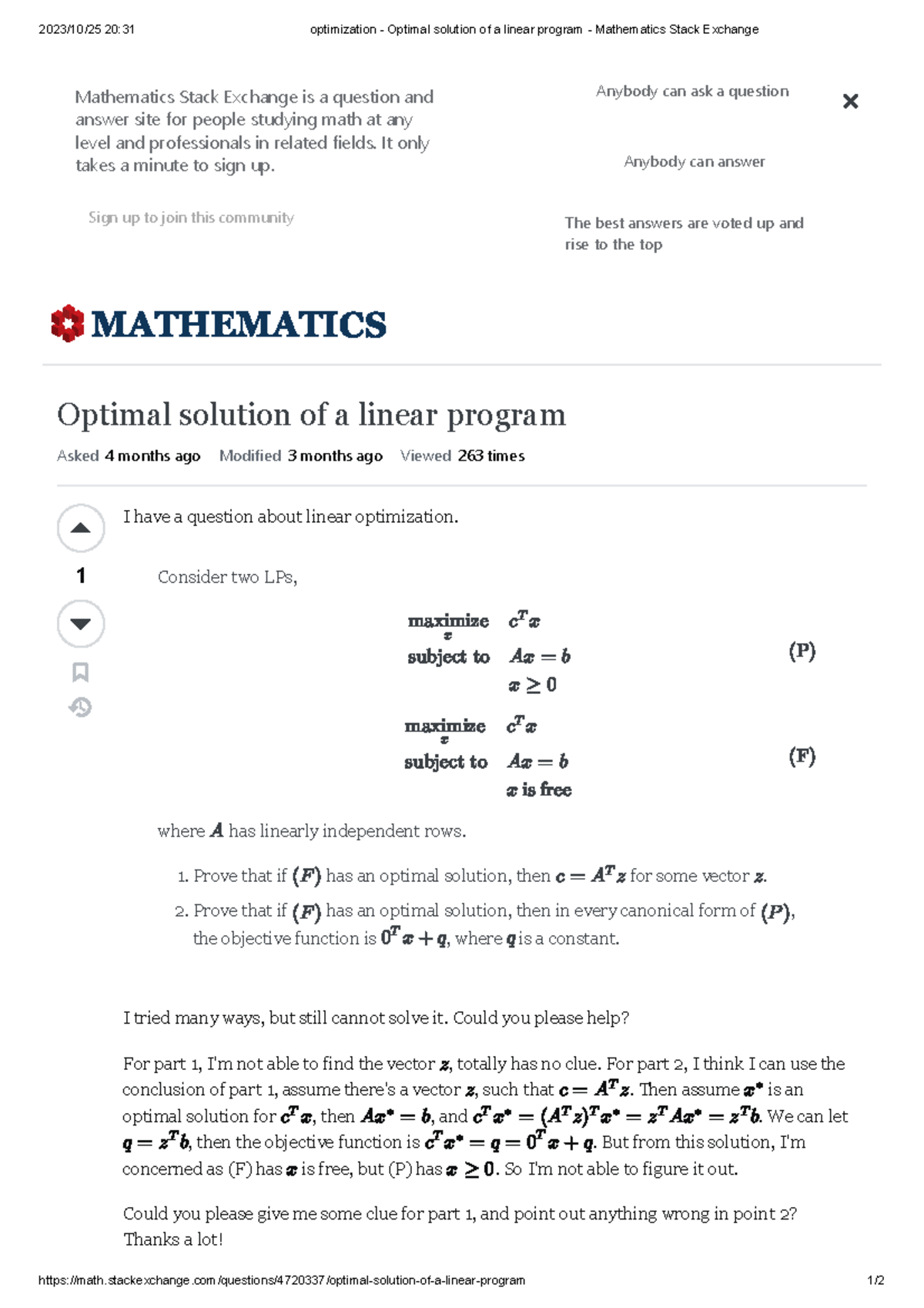 Optimization - Optimal solution of a linear program - Mathematics Stack Exchange - - Studocu