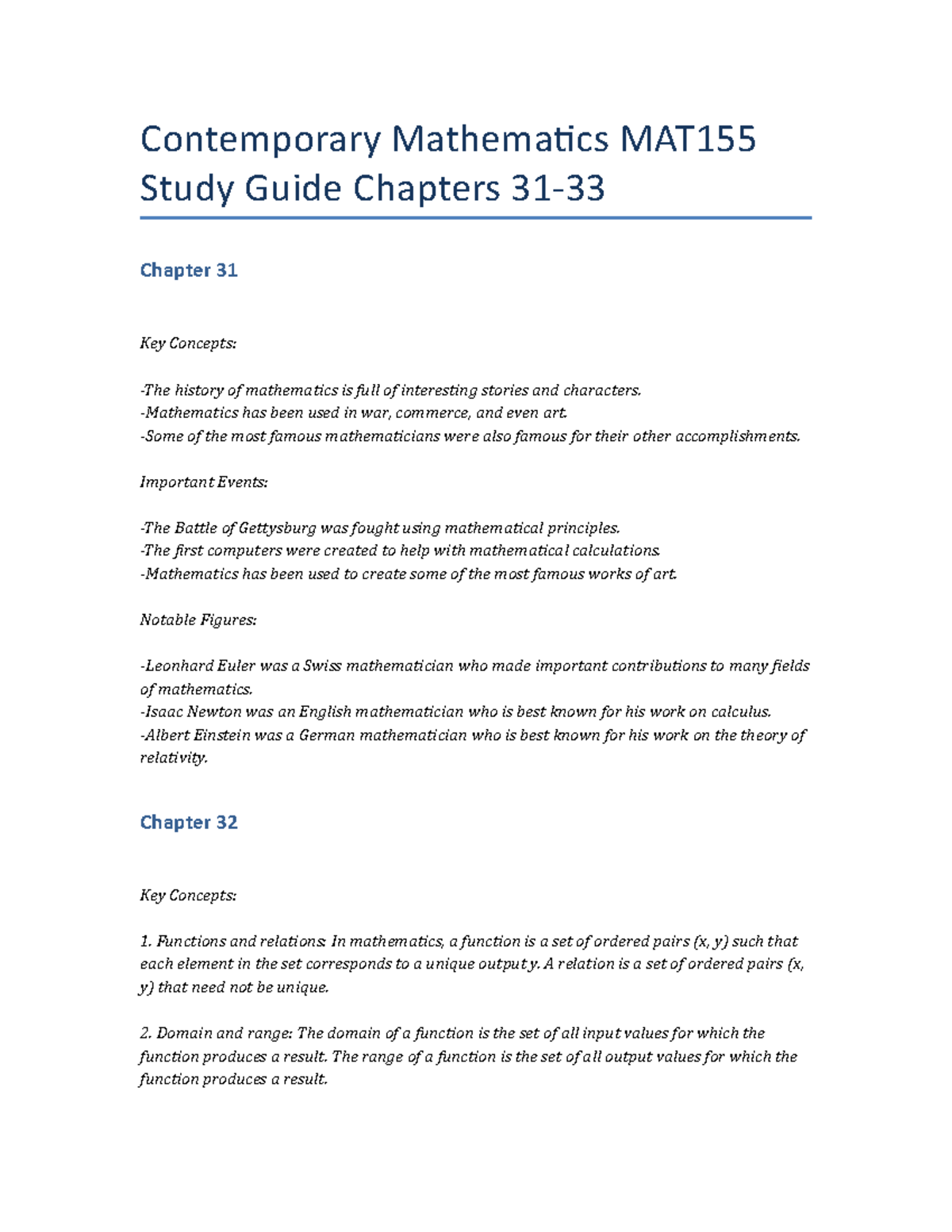 Contemporary Mathematics MAT155 Study Guide Chapters 31-33 ...