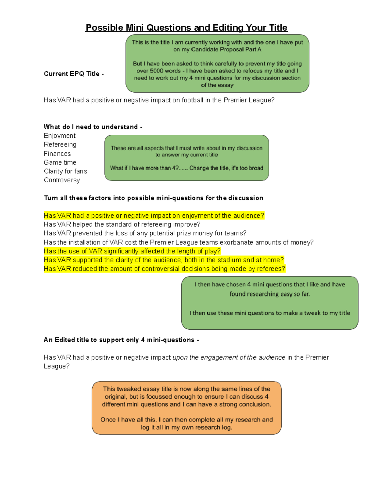 Choosing Possible Mini Questions & Editing Your Title - Possible Mini ...