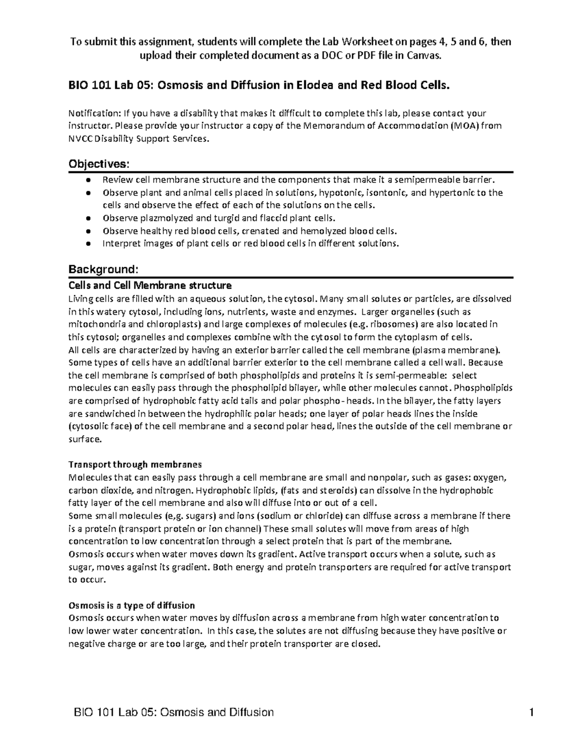 BIO 101 Lab 05^J Osmosis and Diffusion - upload their completed document as a DOC or PDF file in ...