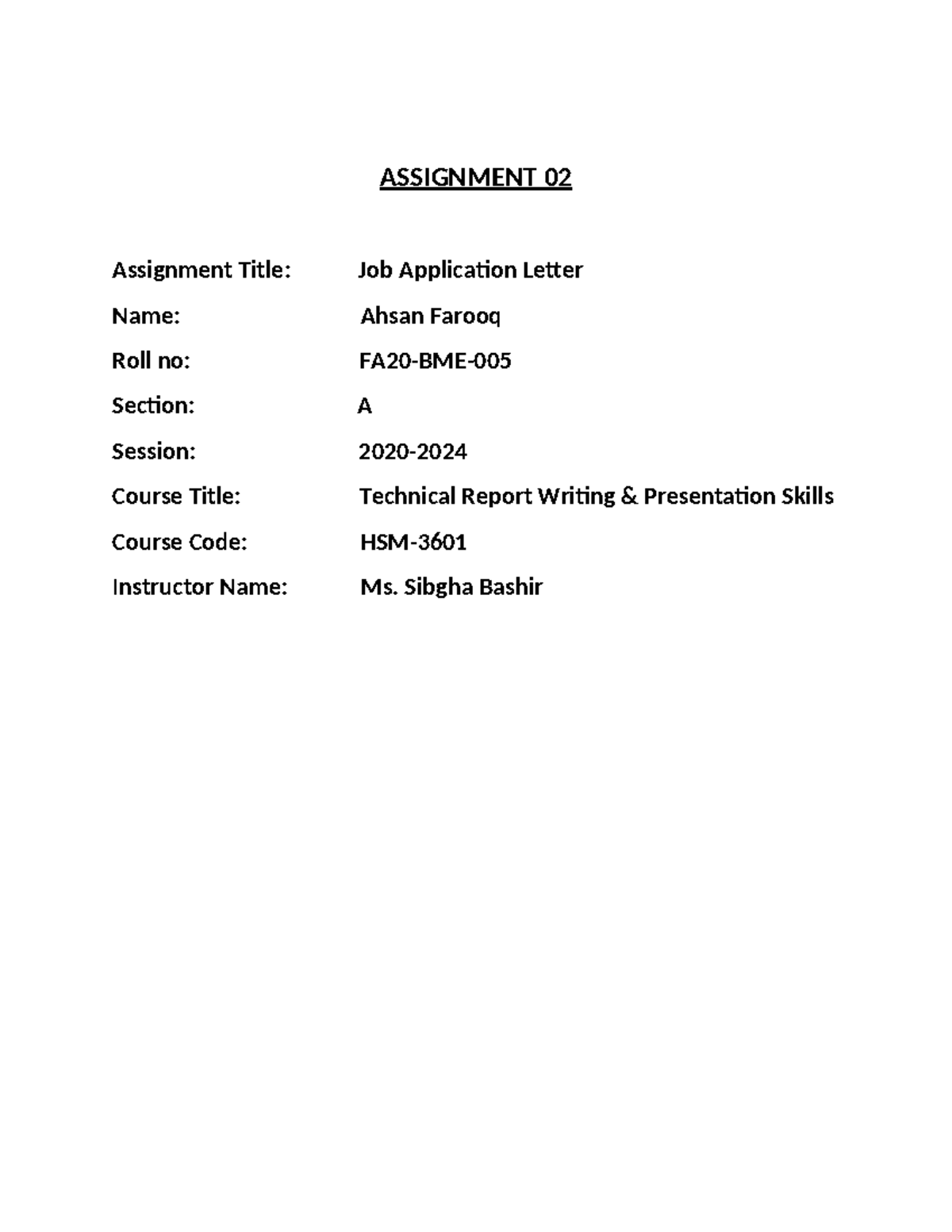 FA20-BME-005(A2) - good - ASSIGNMENT 02 Assignment Title: Job ...