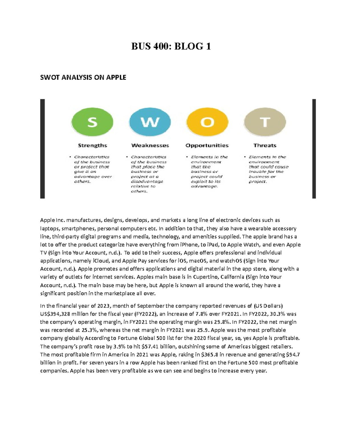 BUS 400 blog 1 - Blog 1 - BUS 400: BLOG 1 SWOT ANALYSIS ON APPLE Apple ...