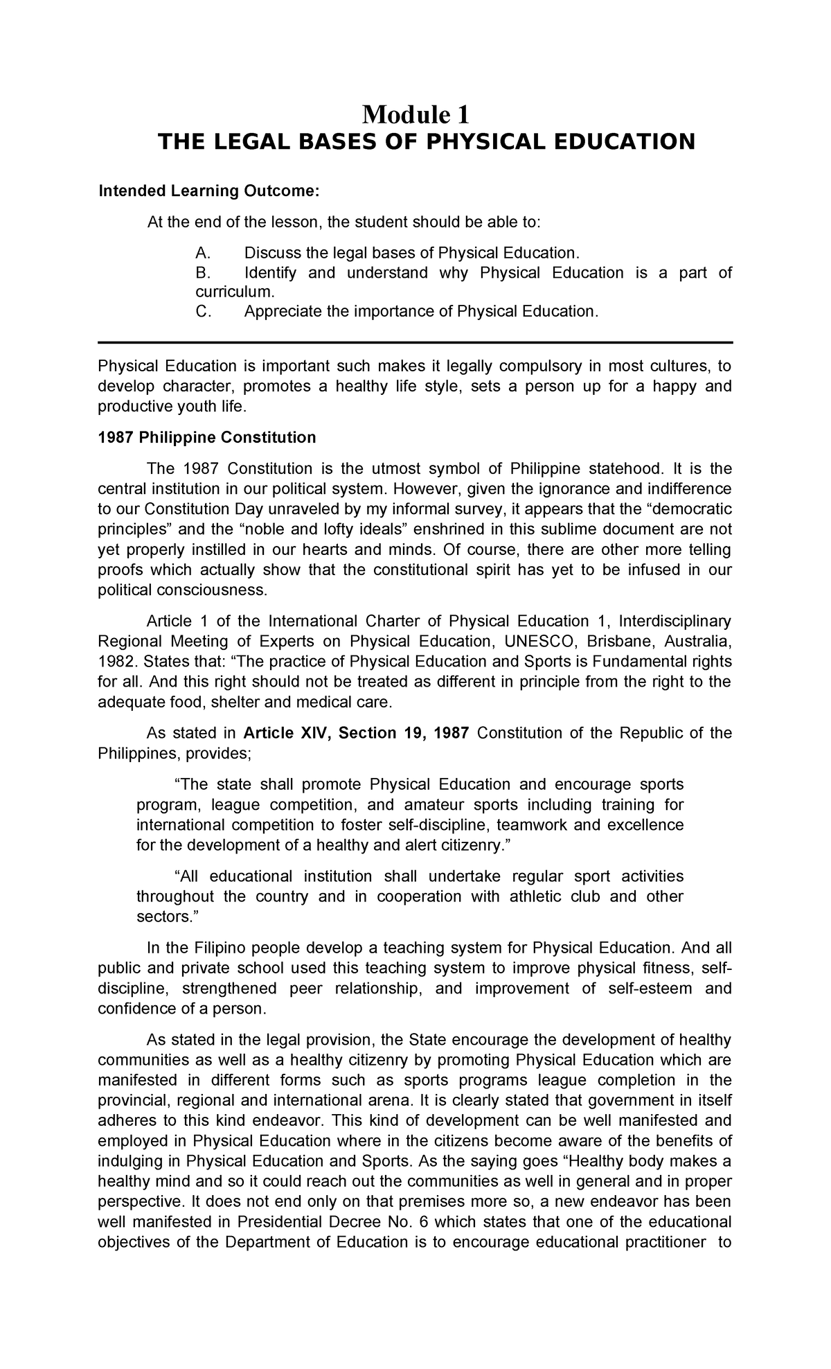 Pathfit Module 1 and Module 2 - Module 1 THE LEGAL BASES OF PHYSICAL ...