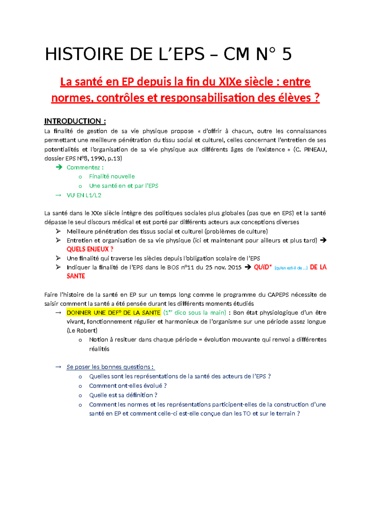CM N°5 - Cours histoire L3 EM - HISTOIRE DE L’EPS – CM N° 5 La santé en ...