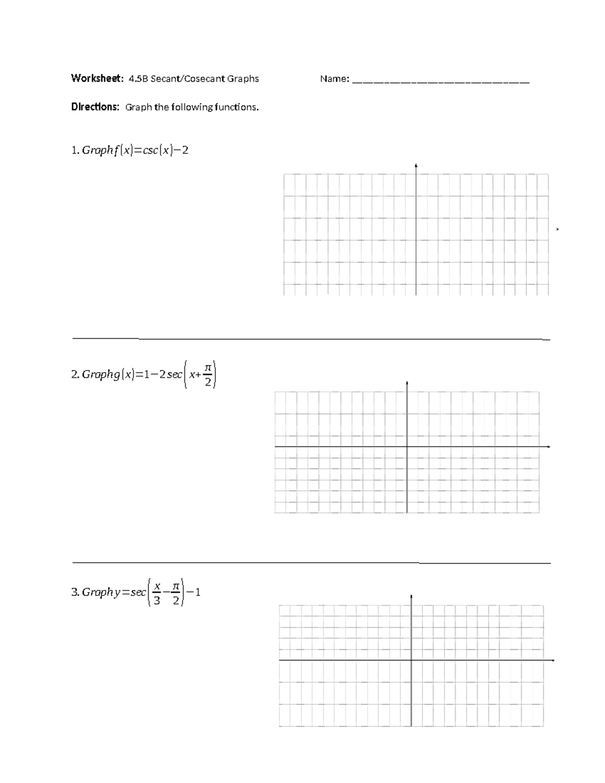 Worksheet 4.5B Secant and Cosecant Graphs - High School Mathematics ...