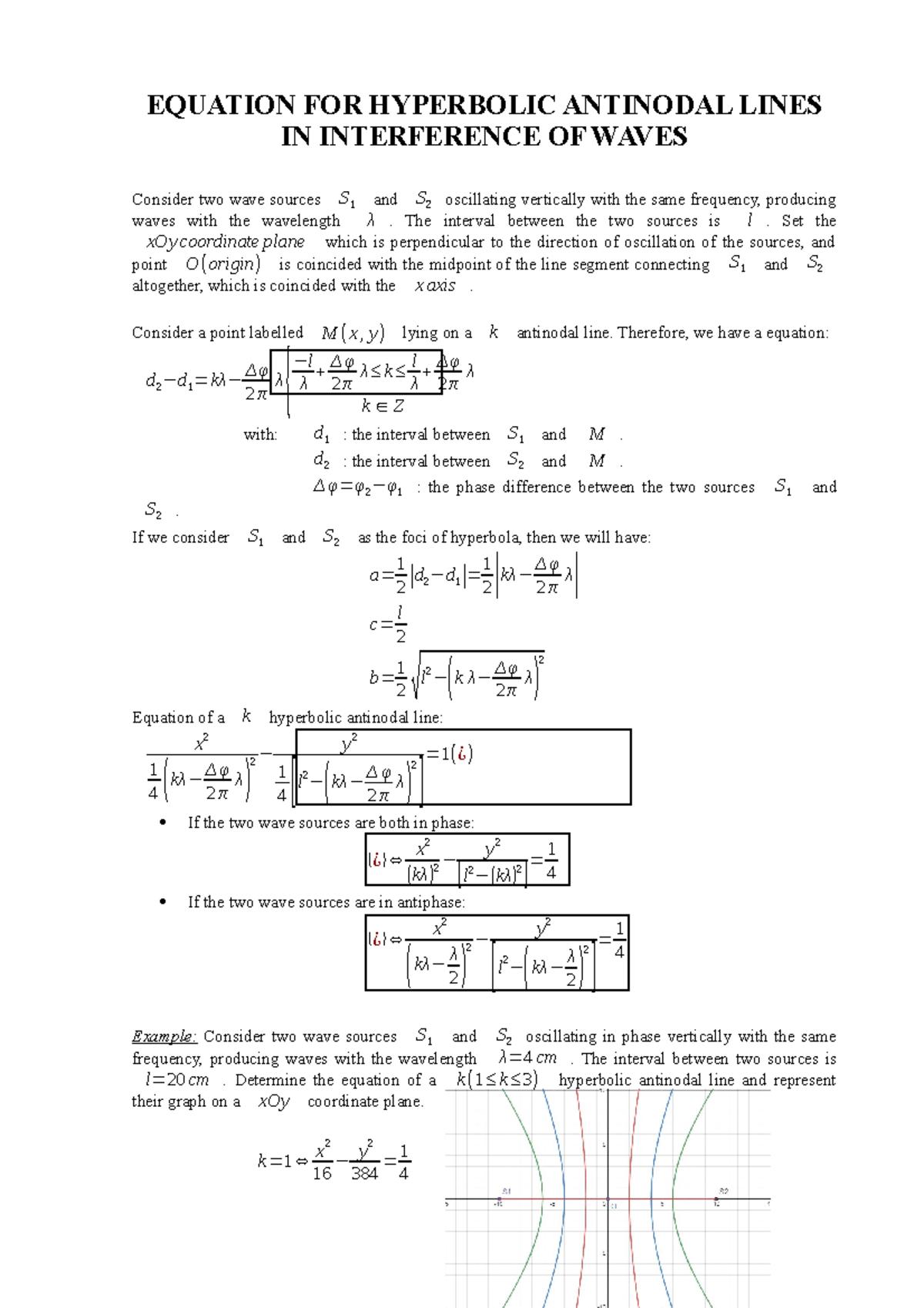 Equation For Hyperbolic Antinodal Lines In Interference Of Waves ...