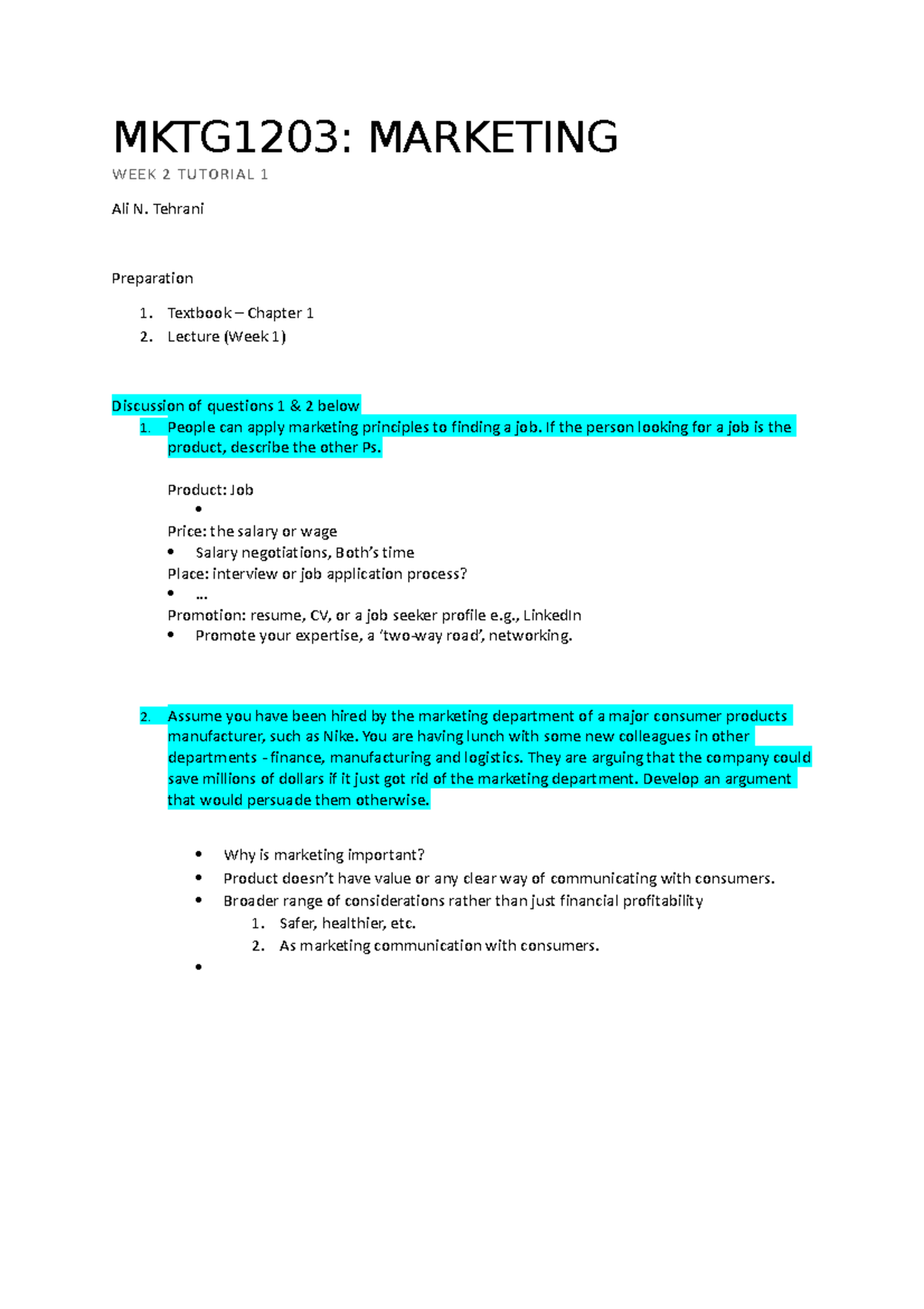 MKTG1203; TUTE 1 WK 2 - IN TUTORIAL NOTES INCLUDE QUESTIONS - MKTG1203 ...
