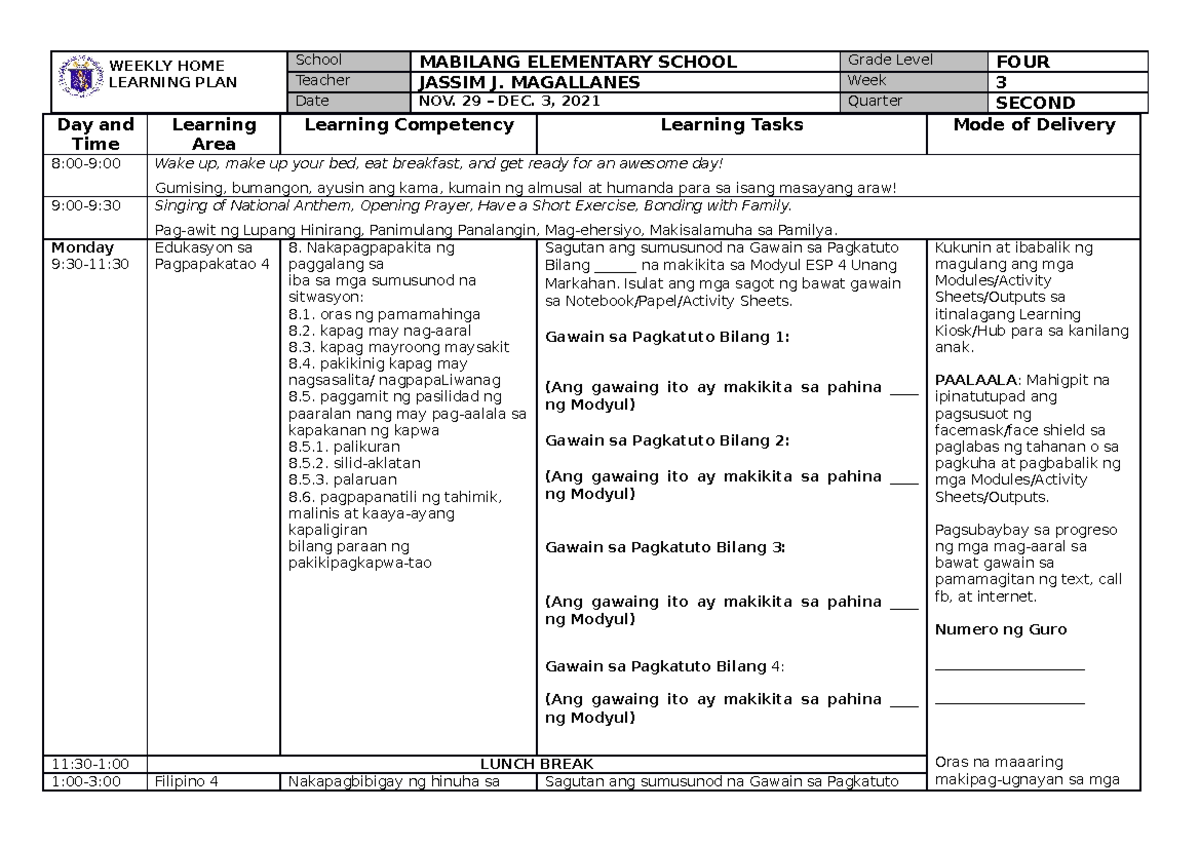 WHLP- Grade 4 (Q2 Week 3) - WEEKLY HOME LEARNING PLAN School MABILANG ...