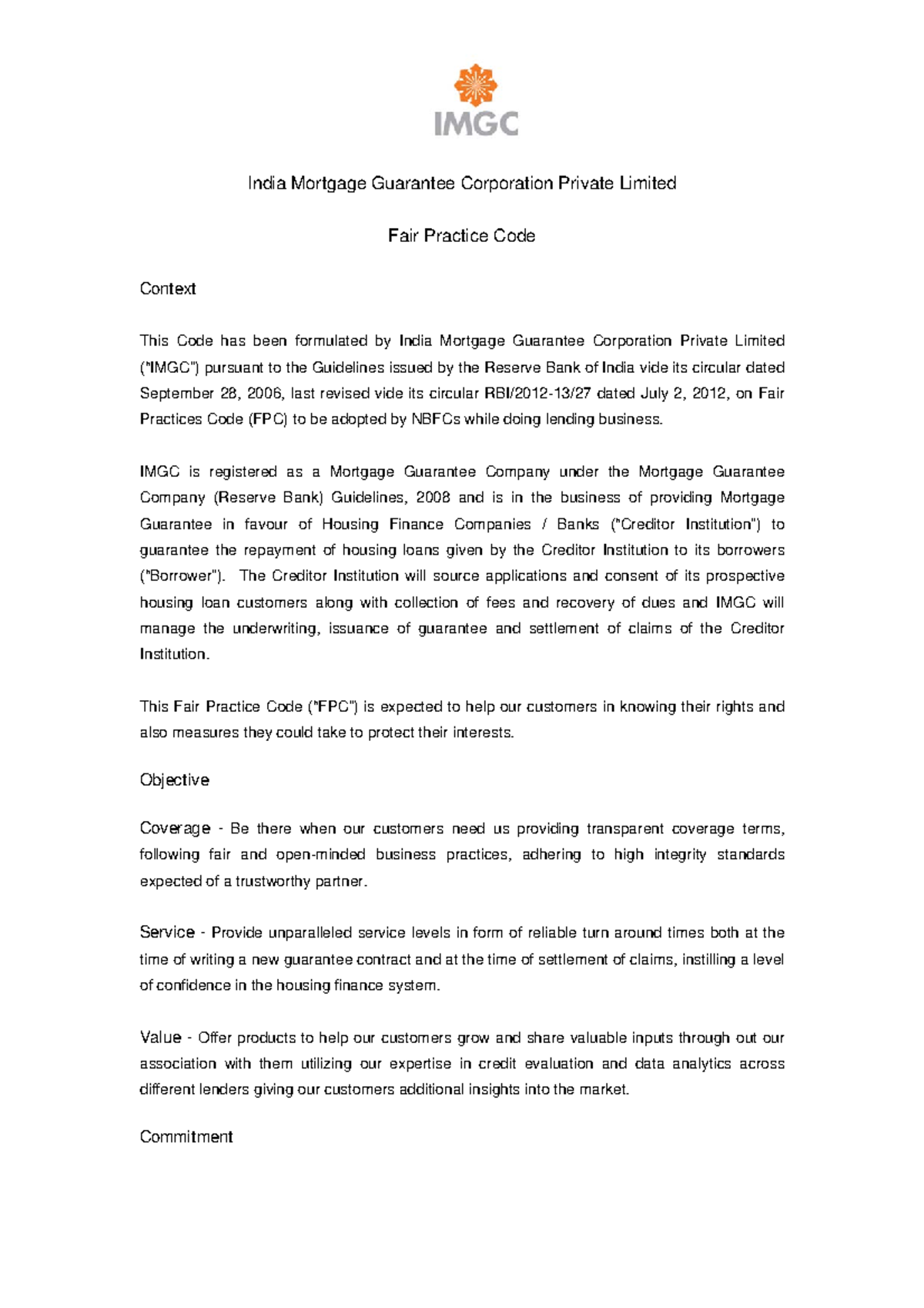 Fair-practice-code - Corporate Laws NBFCs - India Mortgage Guarantee ...
