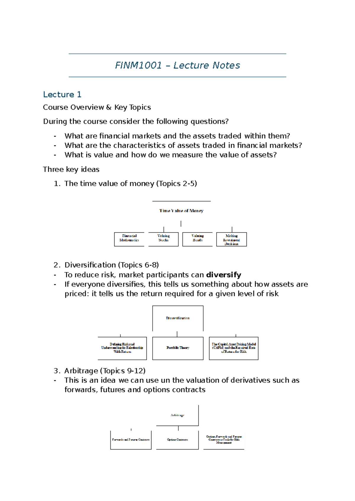 FINM1001 Lecture Notes - FINM1001 – Lecture Notes Lecture 1 Course ...