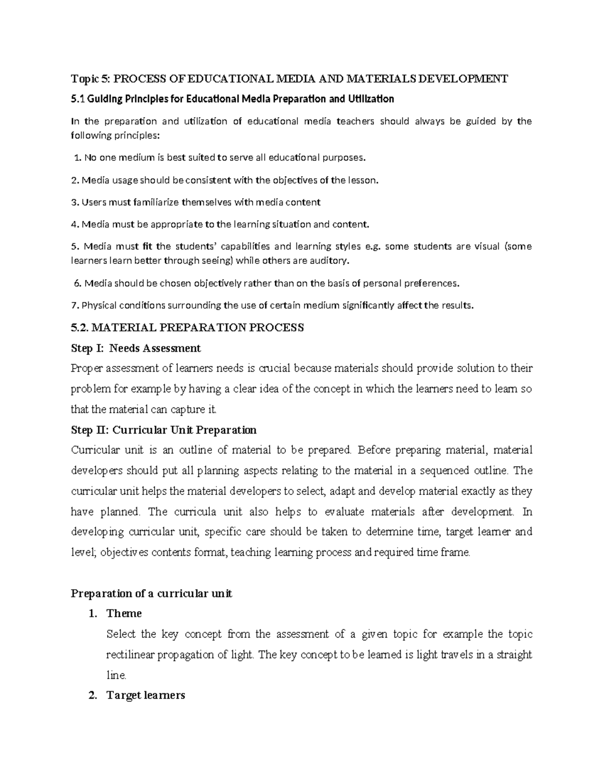Topic 5 notes - summary - Topic 5: PROCESS OF EDUCATIONAL MEDIA AND ...