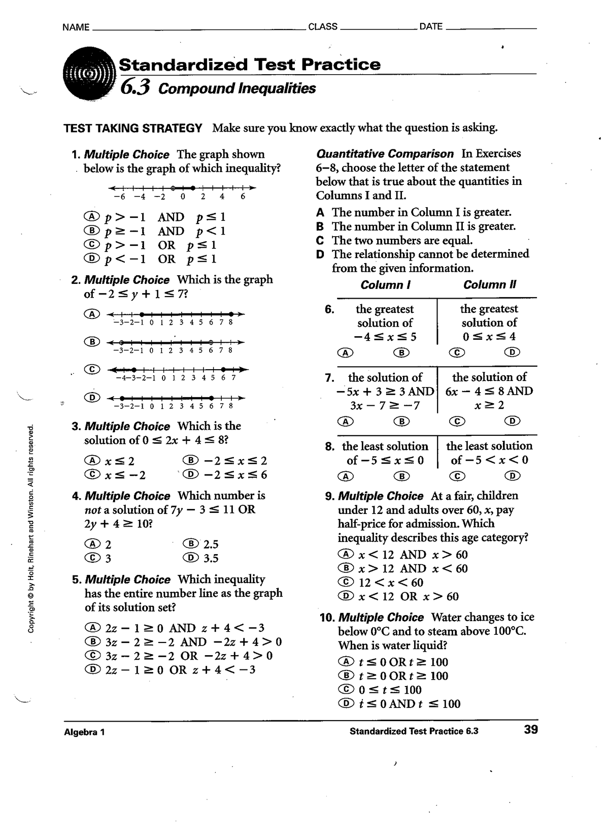 Scan 20230119 - algebra quizzes and answers - Copyright Holt, Rinehart ...