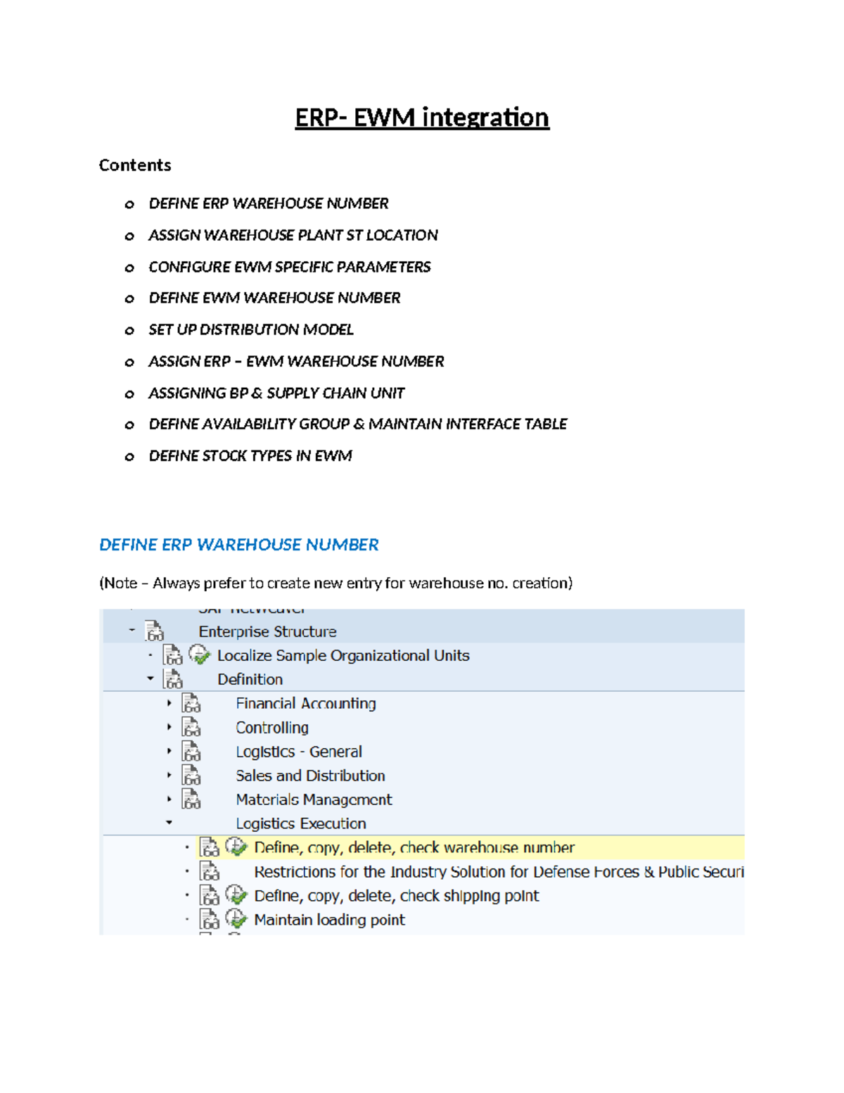 1 ERP-EWM Integration Document - ERP- EWM integration Contents o DEFINE ...
