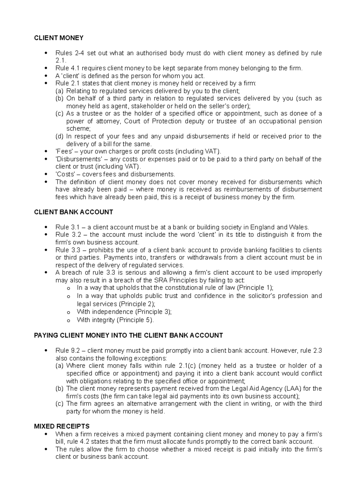 SA - Textbook notes - Accounts for Solicitors - CLIENT MONEY Rules 2-4 ...