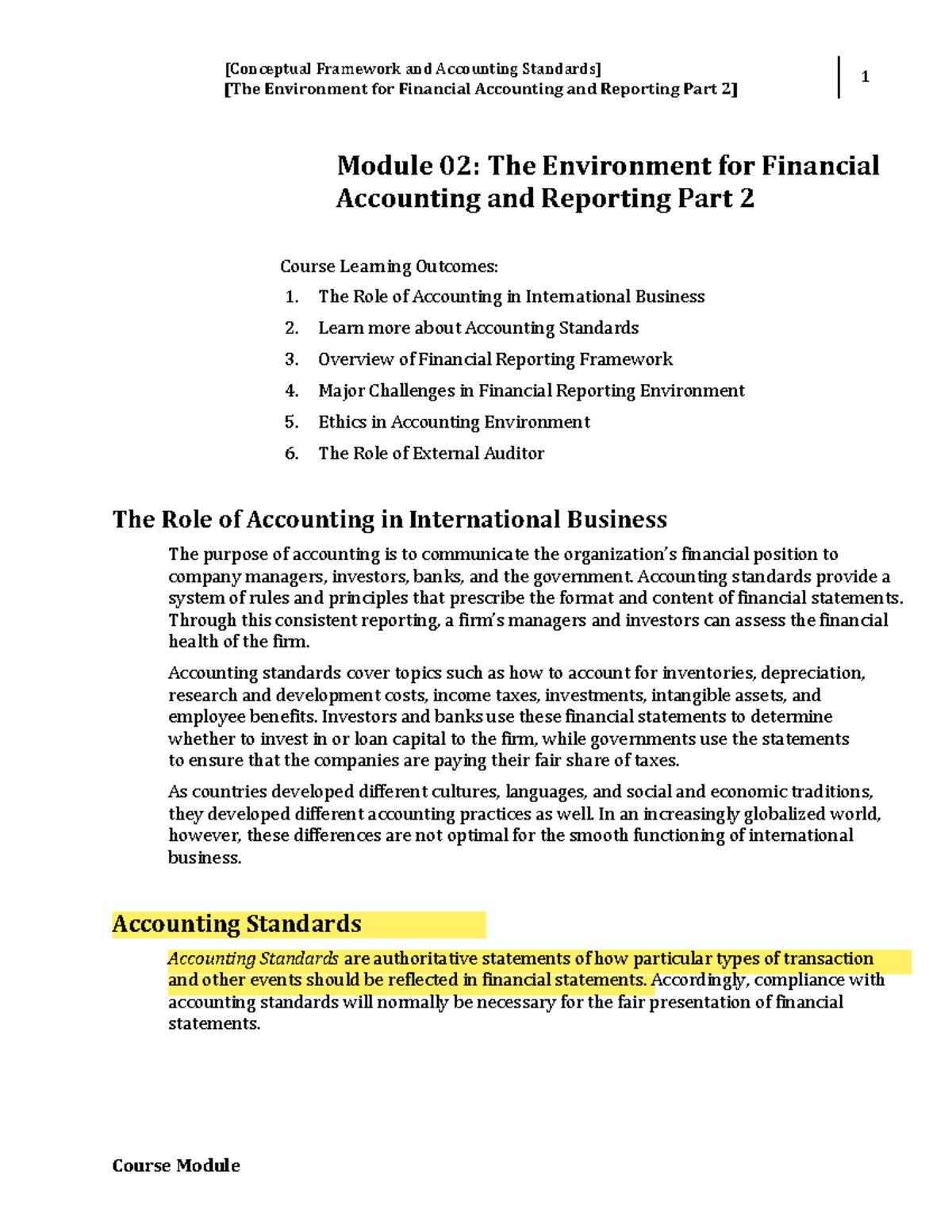 W1 Module 2 The Environment for Financial Accounting and Reporting Part ...