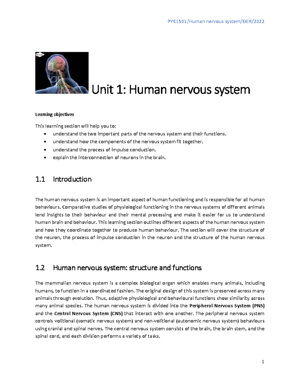 PYC1501 Unit 1 Human nervous system OER 2022 - Unit 1 : Human nervous ...