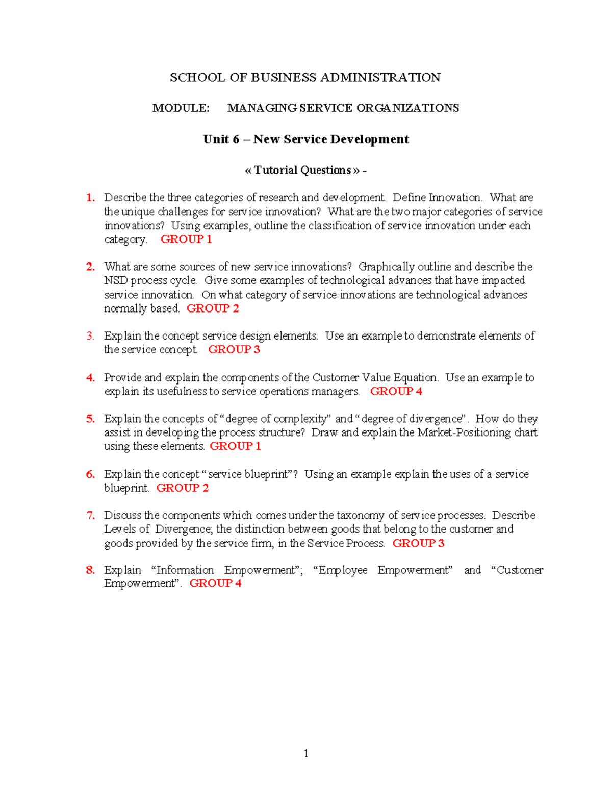 MSO Tutorial Sheet 6 - New Service Development - Tues, 9-11AM - SCHOOL ...