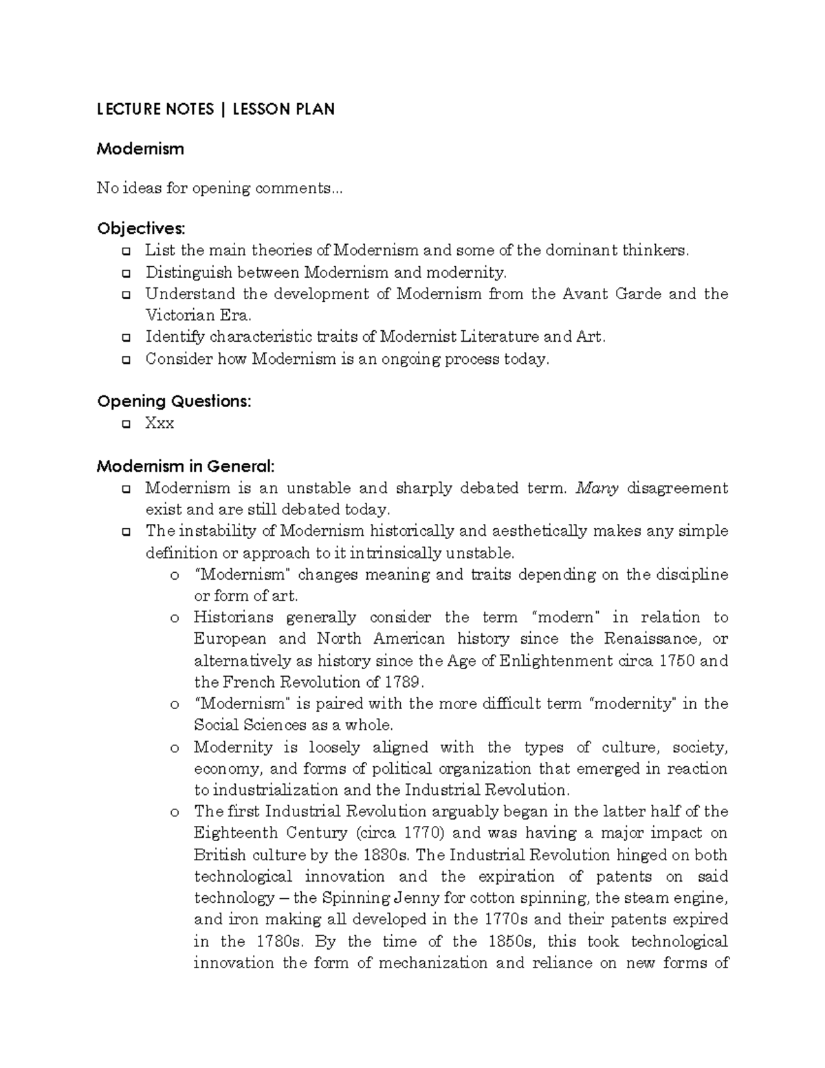 Notes-modernism - Simple notes - LECTURE NOTES | LESSON PLAN Modernism ...