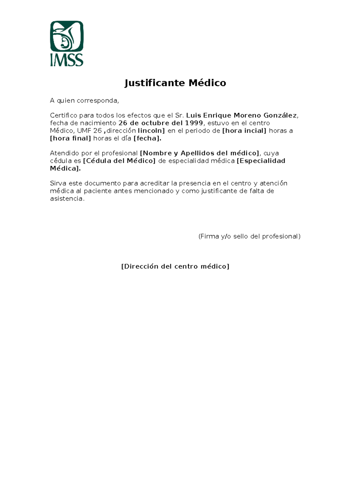 Justificante Médico Imss - Justificante Médico A quien corresponda ...