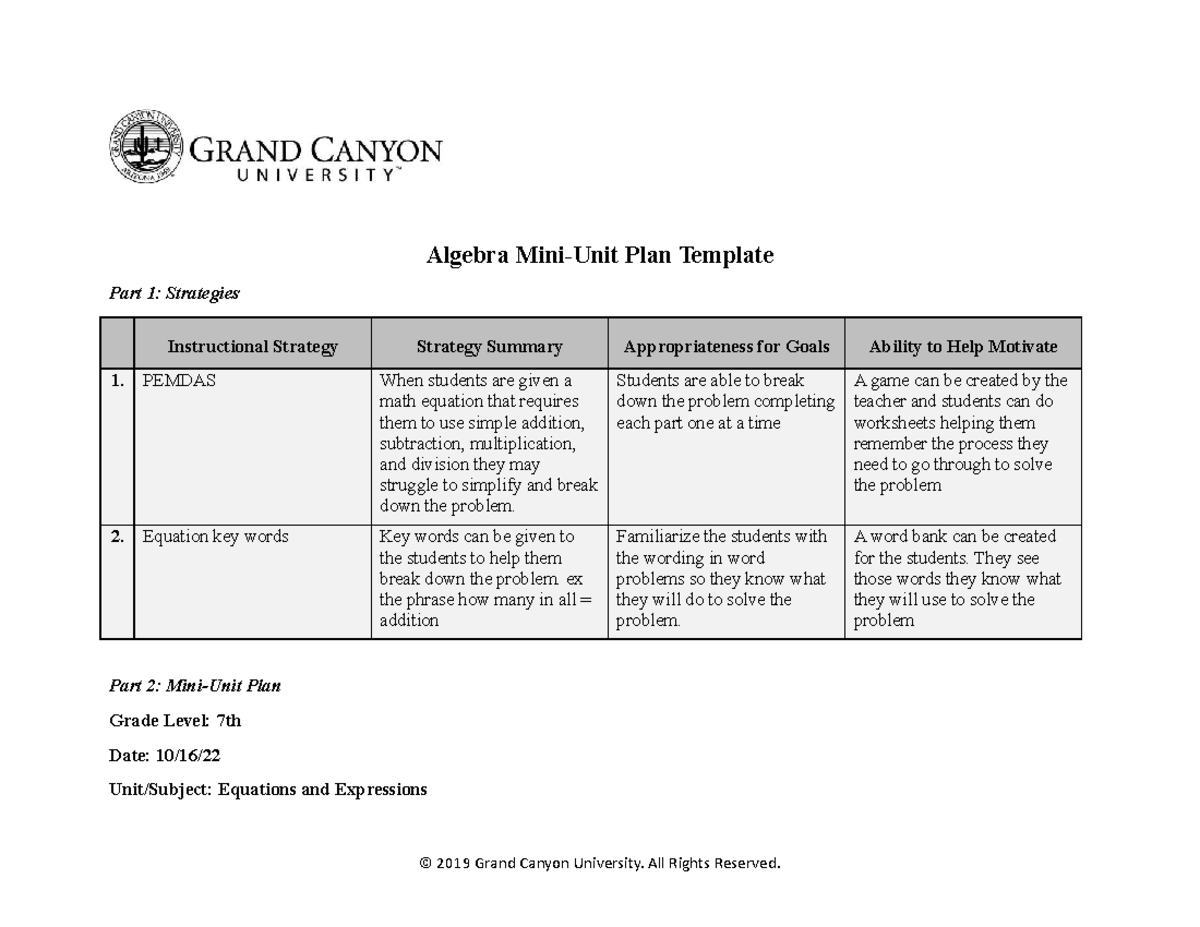 Marquita Thomas topic 7 Algebra Unit Plan - Algebra Mini-Unit Plan ...