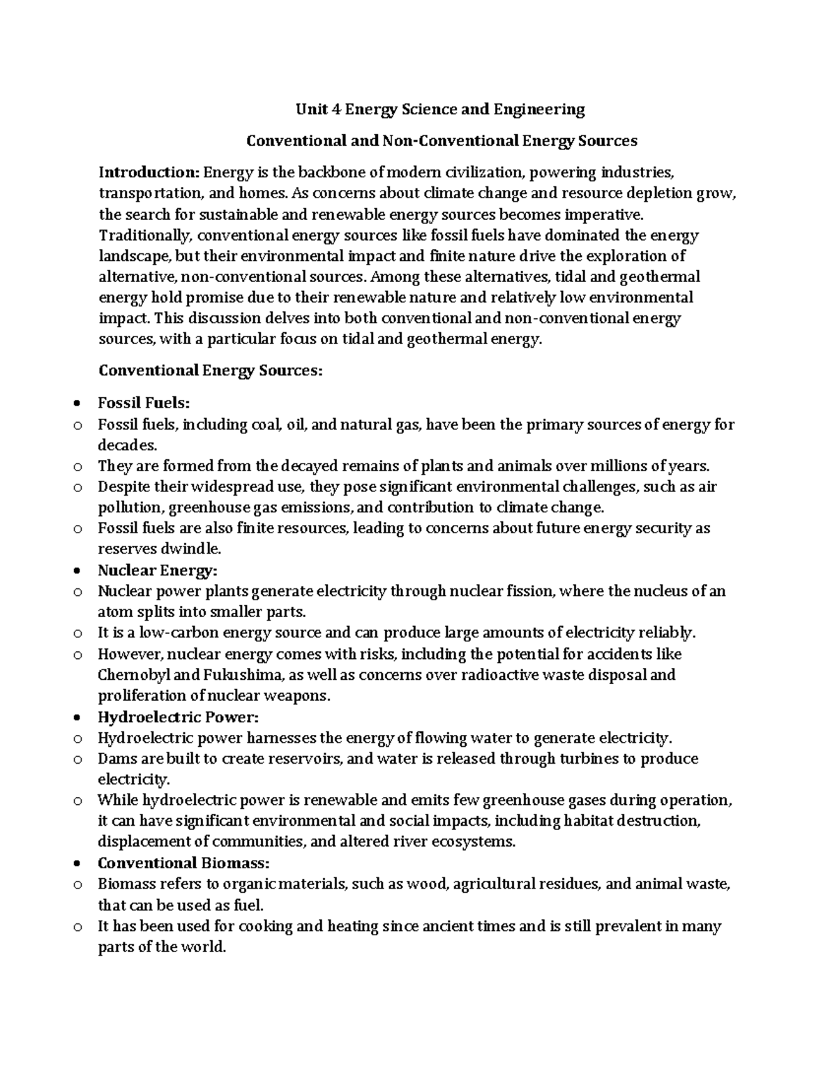 Conventional and Non-Conventional Energy Sources - Unit 4 Energy Science and Engineering - Studocu