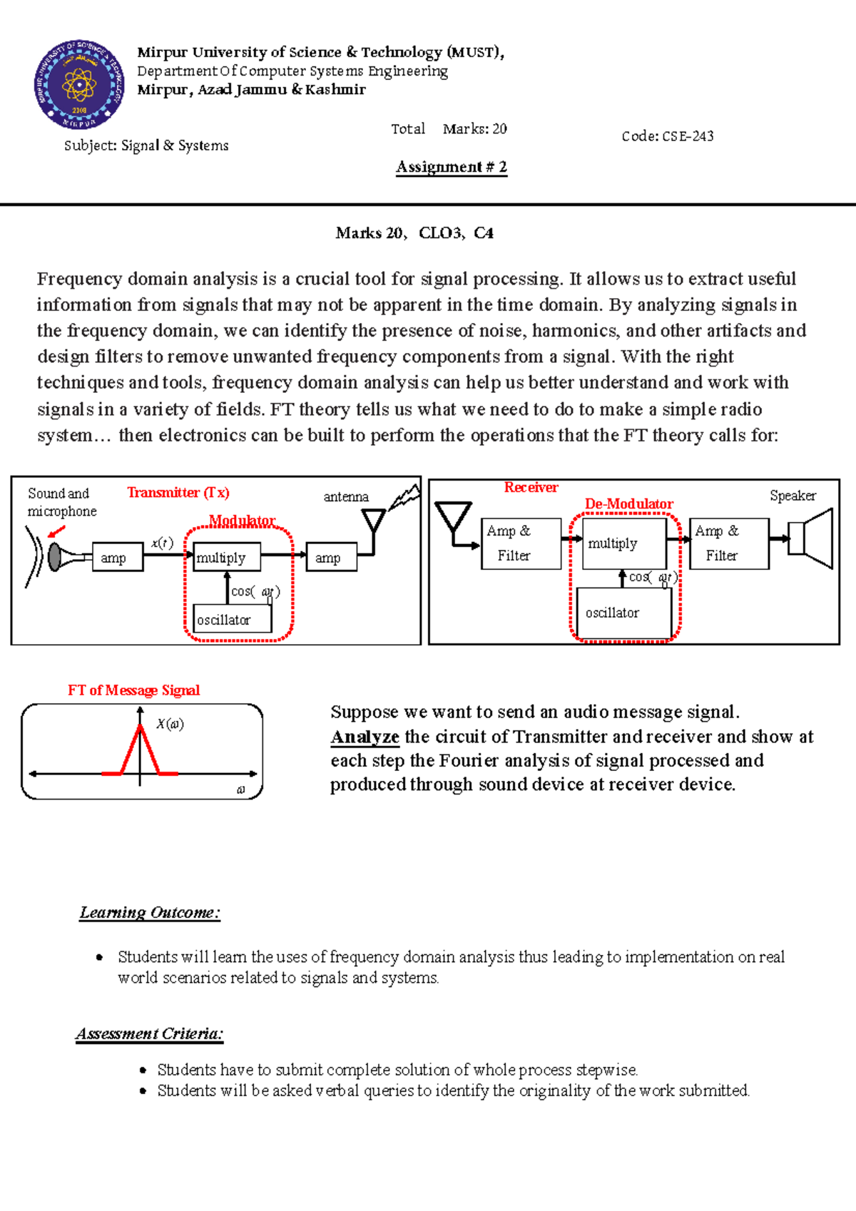 Assignment 2 Signals and Systems - Mirpur University of Science & Technology (MUST), Department ...
