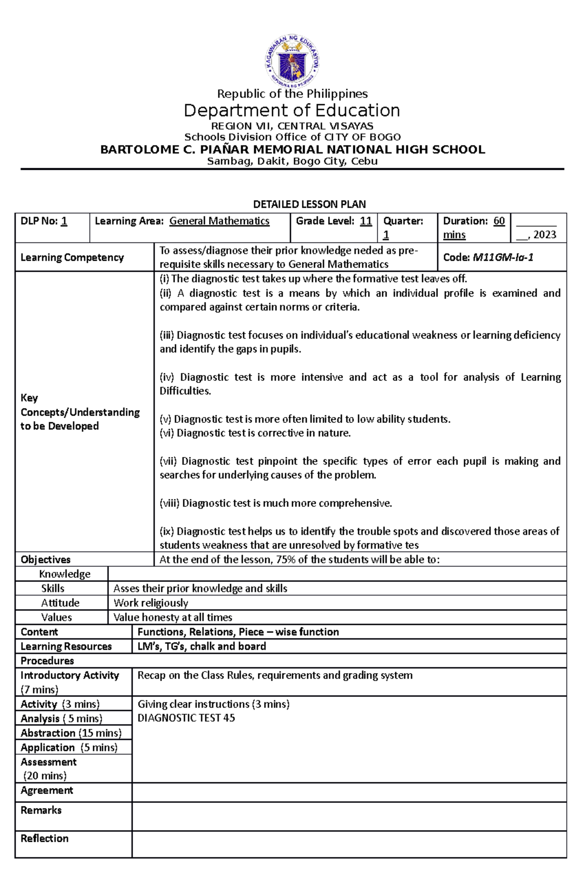 Diganostic TEST - diagnostic test - Republic of the Philippines ...