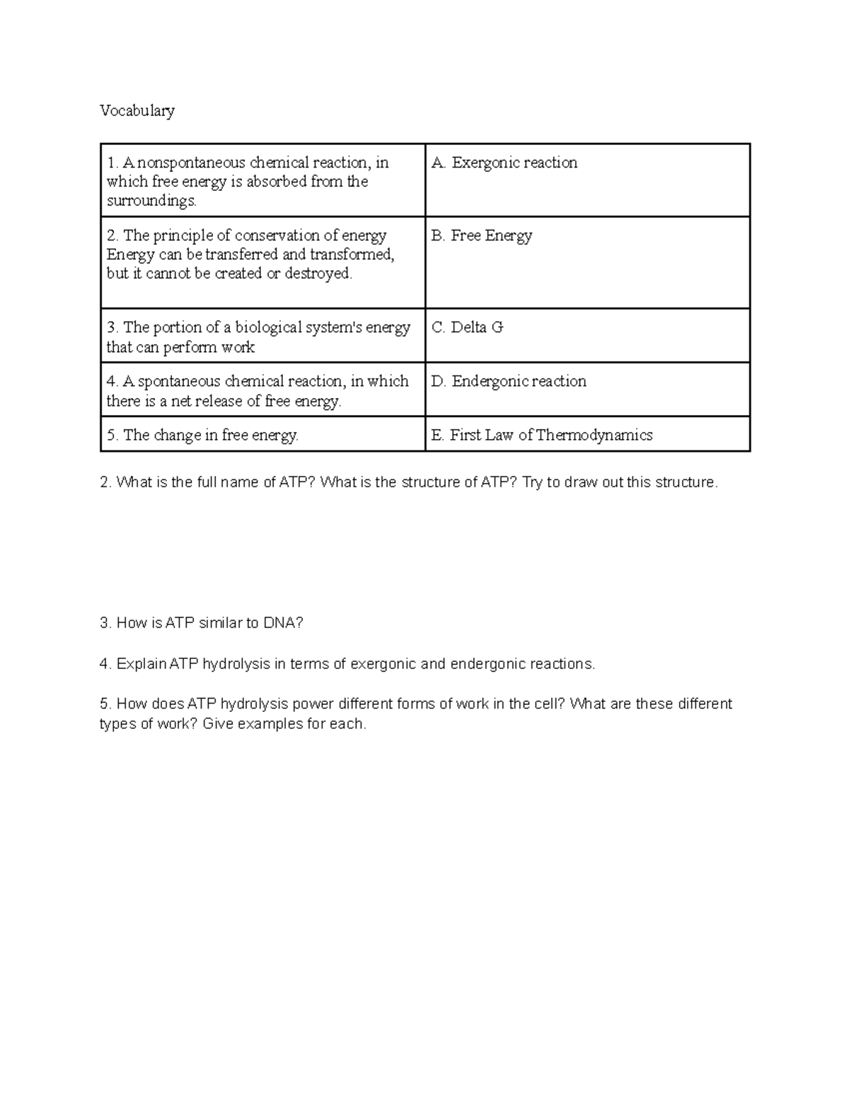 ATP Worksheet - Review Assignment - Vocabulary A nonspontaneous ...