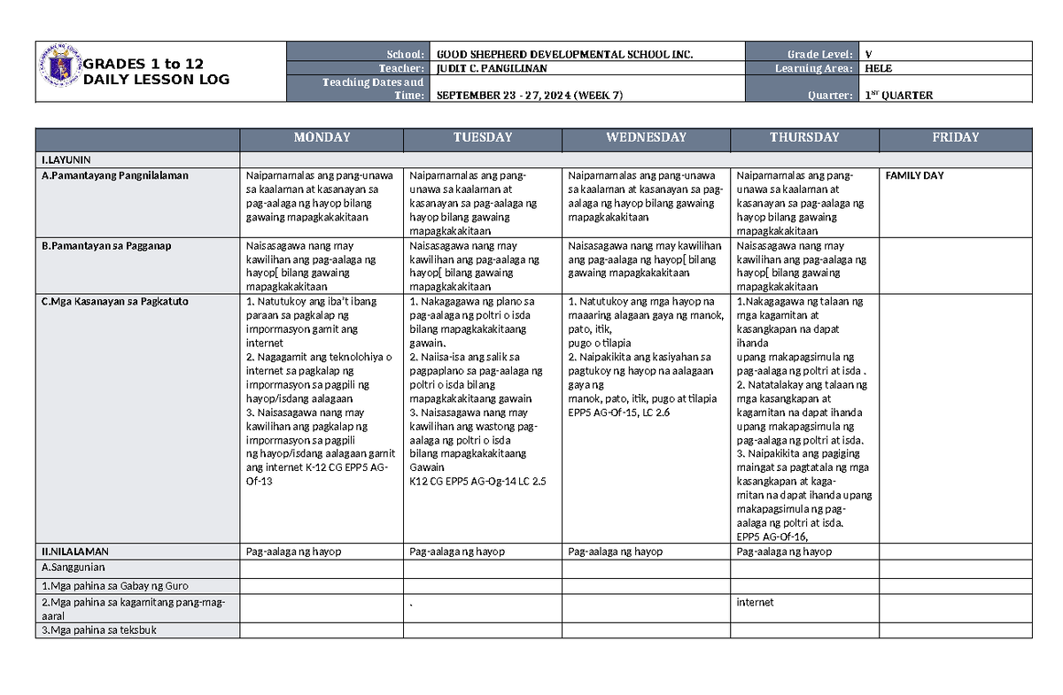 HELE-5-W7 - DLL - GRADES 1 to 12 DAILY LESSON LOG School: GOOD SHEPHERD ...