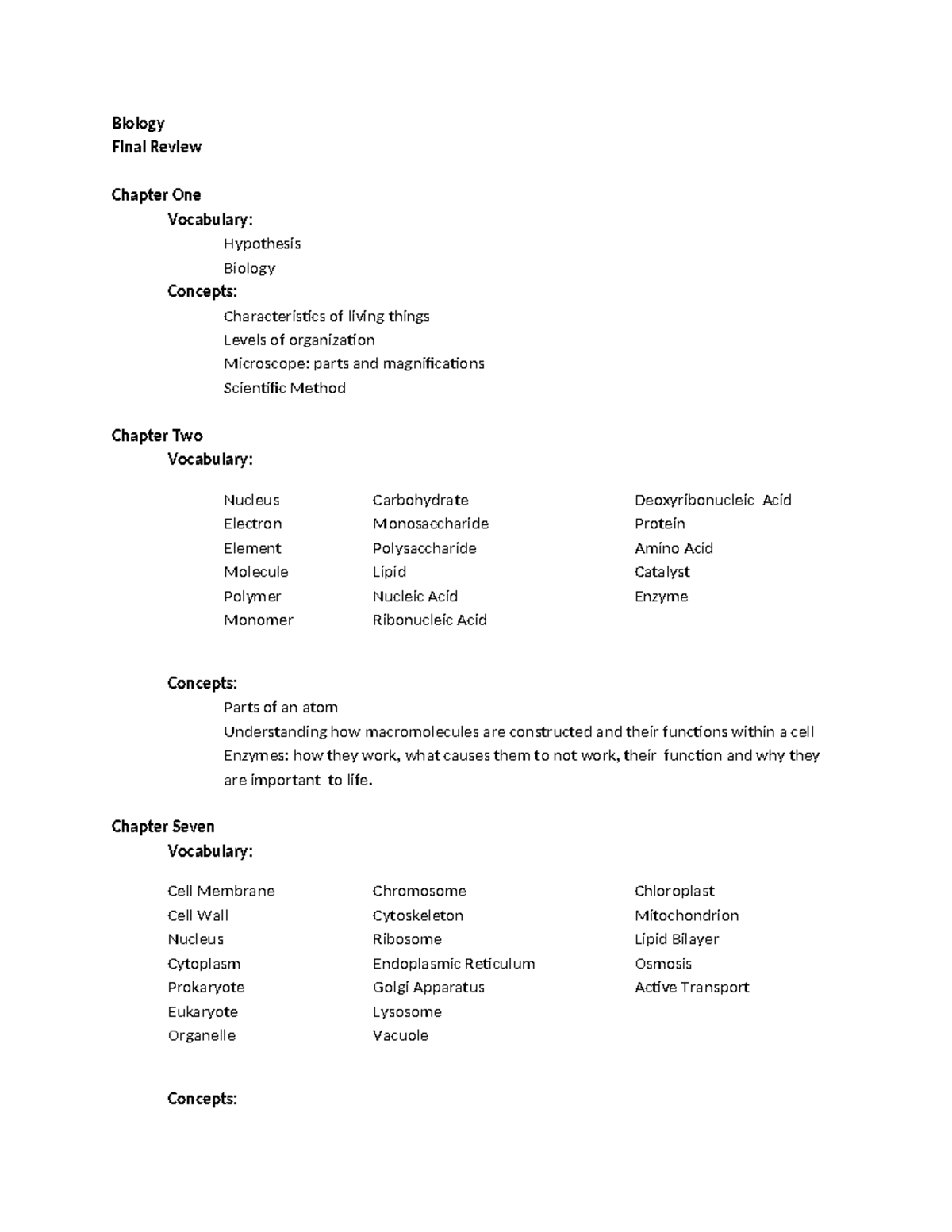 Biology Fall review sheet - Biology Final Review Chapter One Vocabulary ...