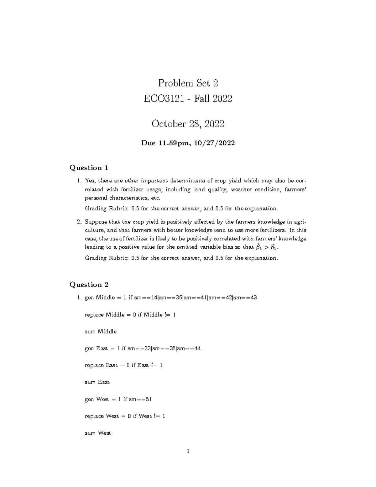 Eco3121 Ps2 solution - answers - Problem Set 2 ECO3121 - Fall 2022 October 28, 2022 Due 11, 10 ...