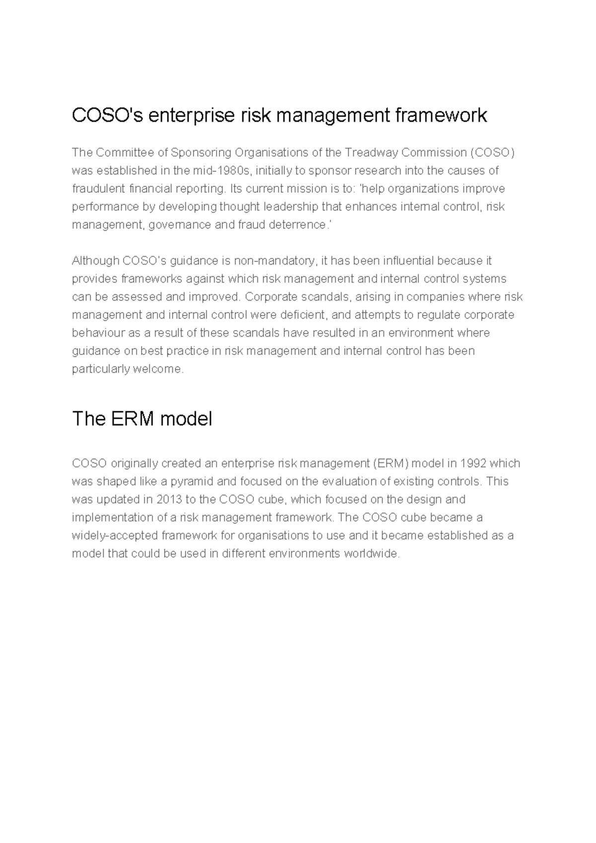 Topic 2 Additional Notes ON ERM COSO - COSO's enterprise risk ...