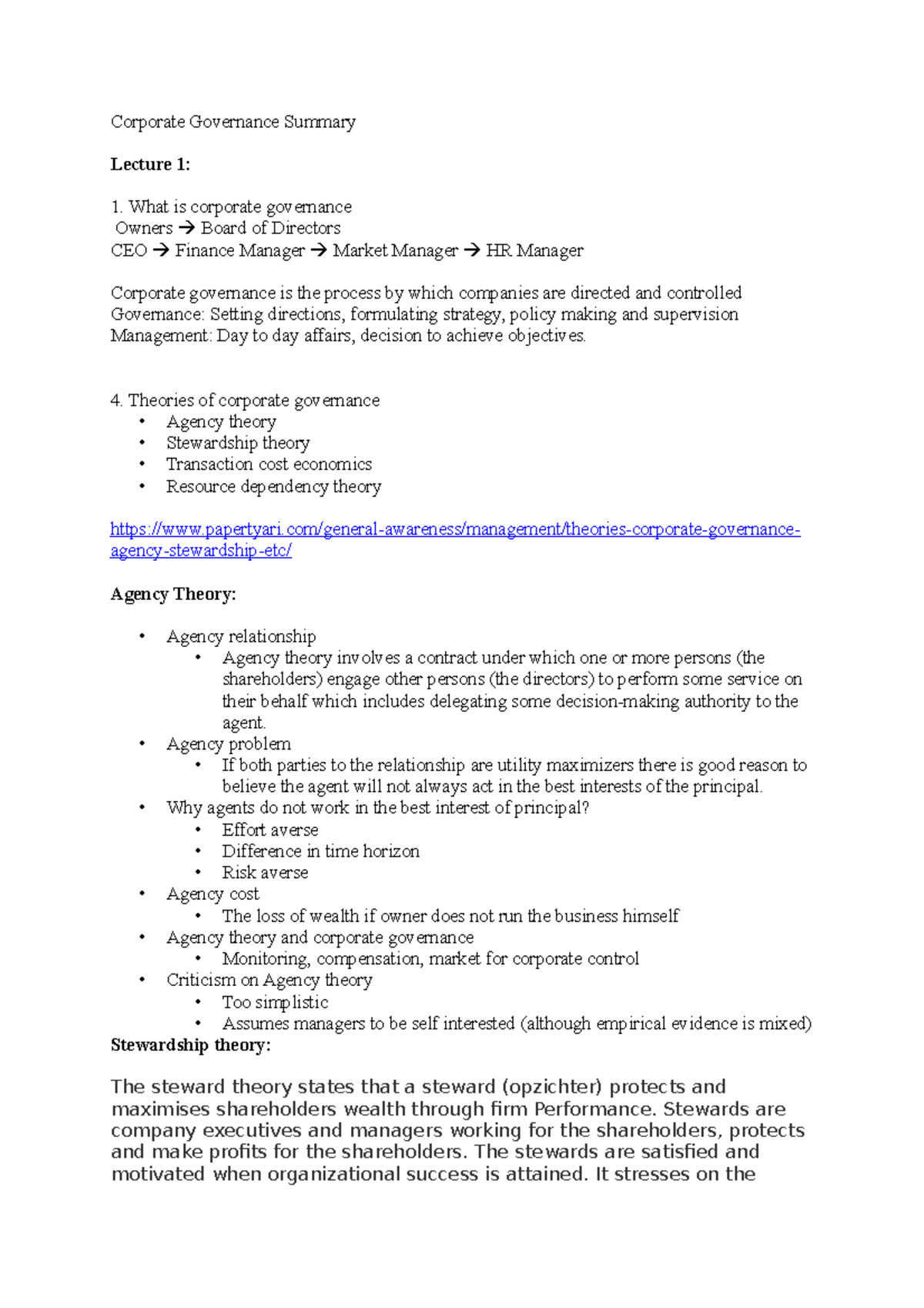 Corporate Governance Summary - Corporate Governance Summary Lecture 1 ...