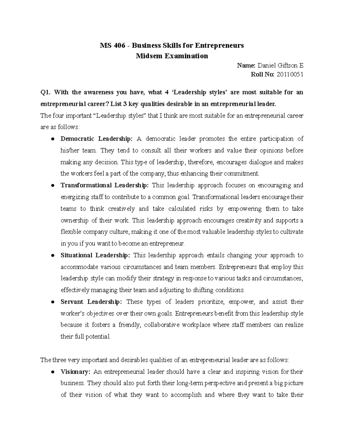 2011 0051 MS406 Midsem - Management - MS 406 - Business Skills for Entrepreneurs Midsem ...