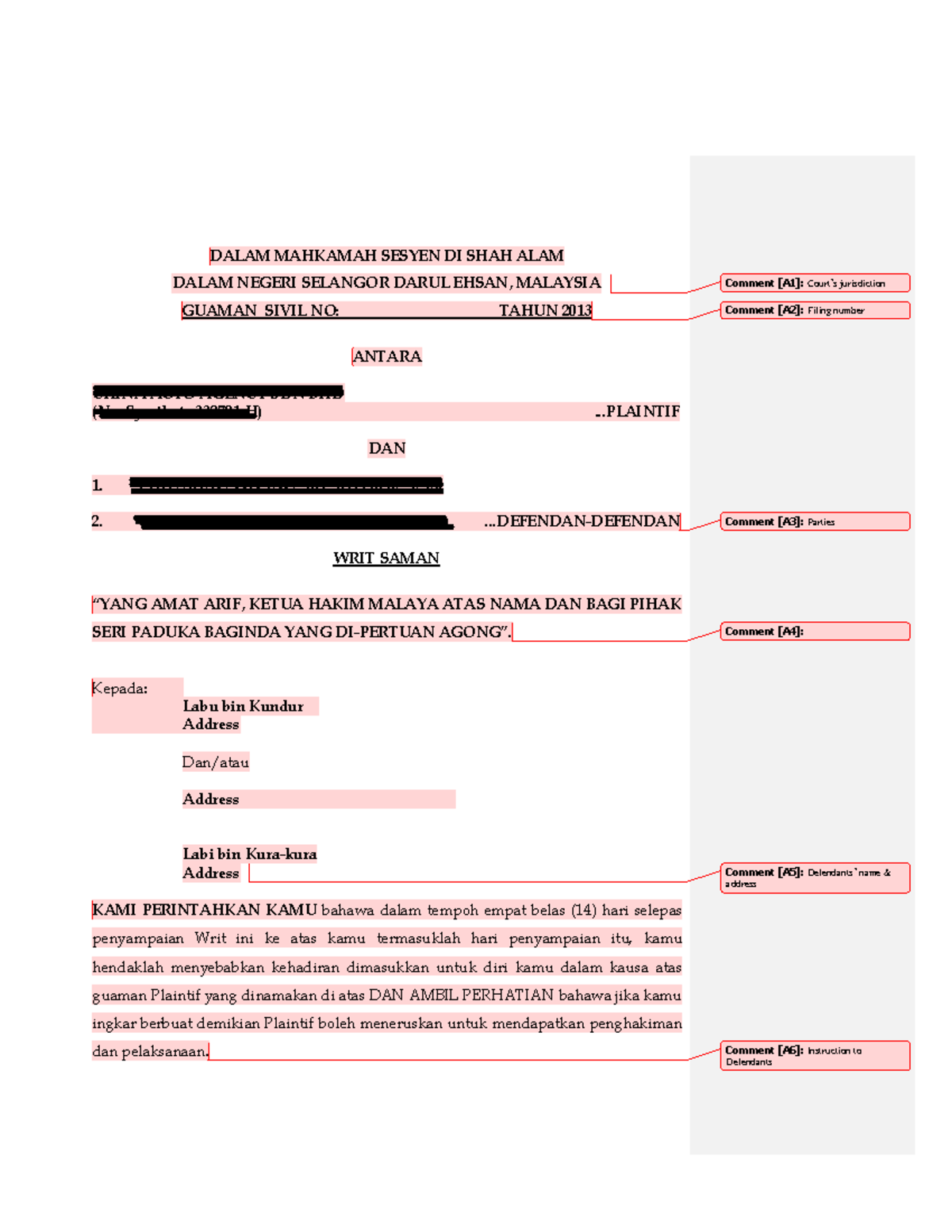 Sample Writ - DALAM MAHKAMAH SESYEN DI SHAH ALAM DALAM NEGERI SELANGOR DARUL EHSAN, MALAYSIA ...