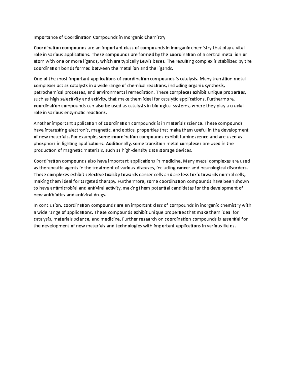Importance Of Coordination Compounds In Inorganic Chemistry These